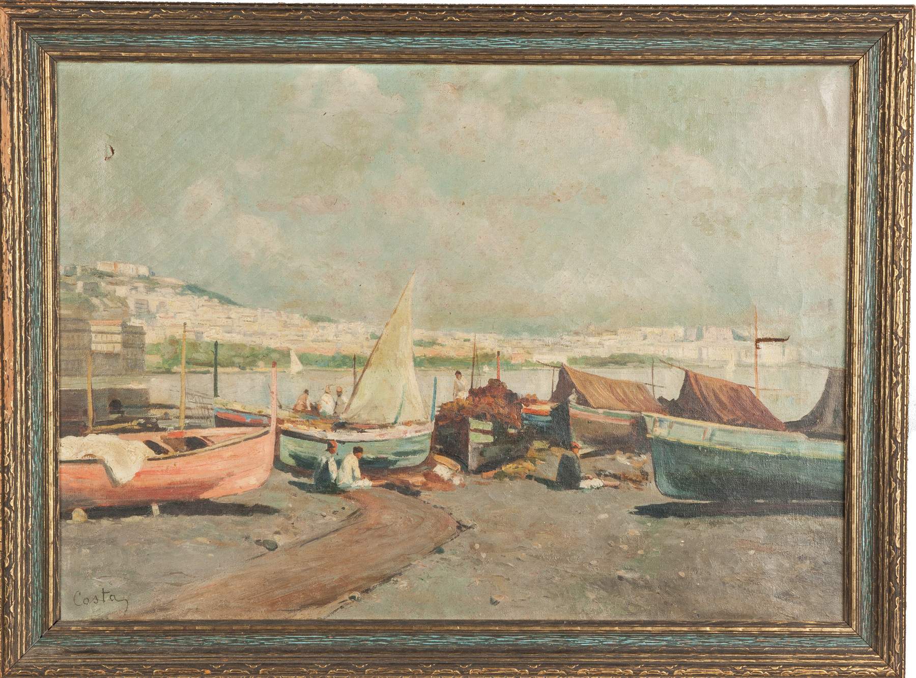 Emmanuele Costa (Italian, 1875-1959) Painting of Boats in harbor ...