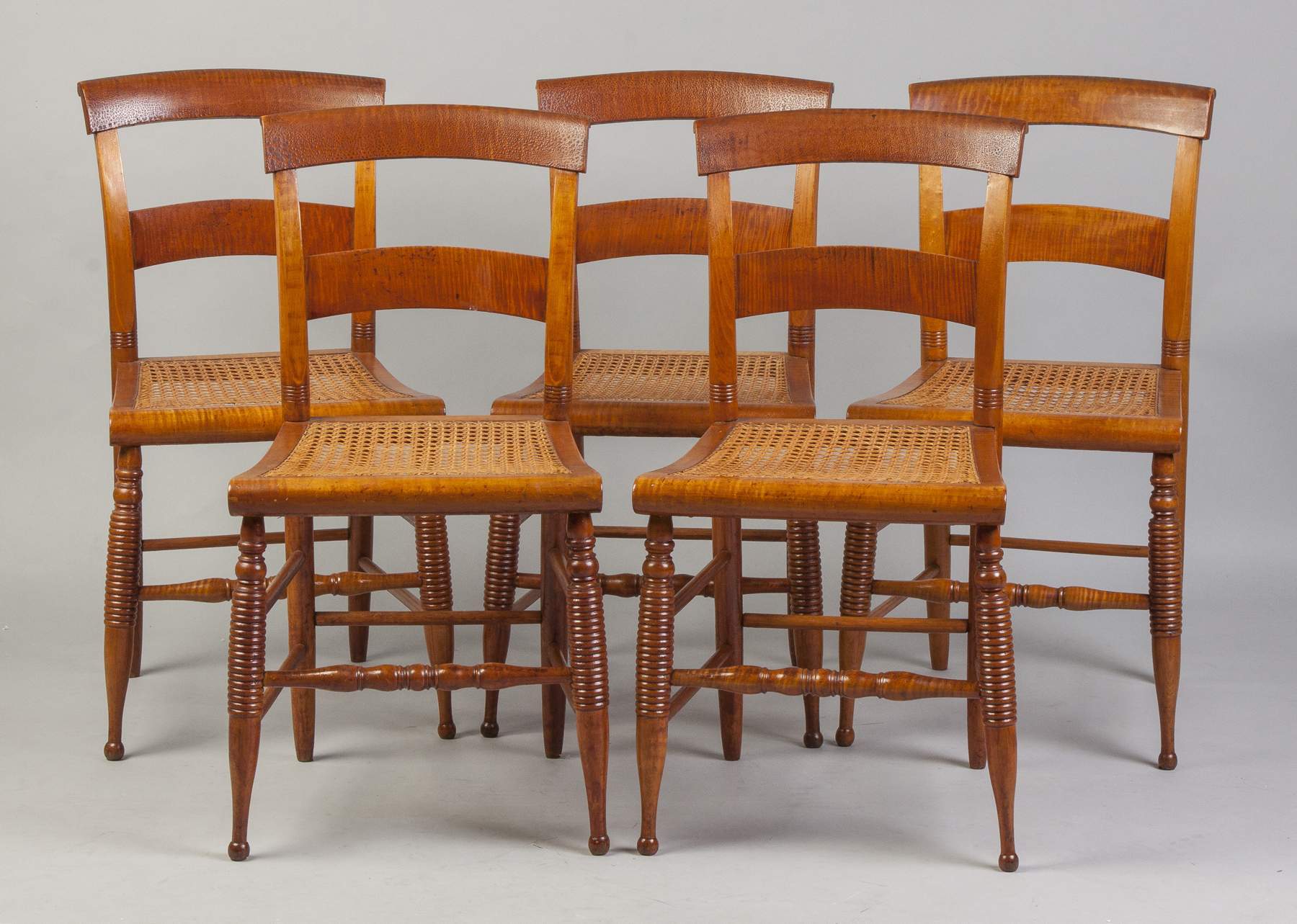 Set of Five Tiger Maple Chairs | Cottone Auctions