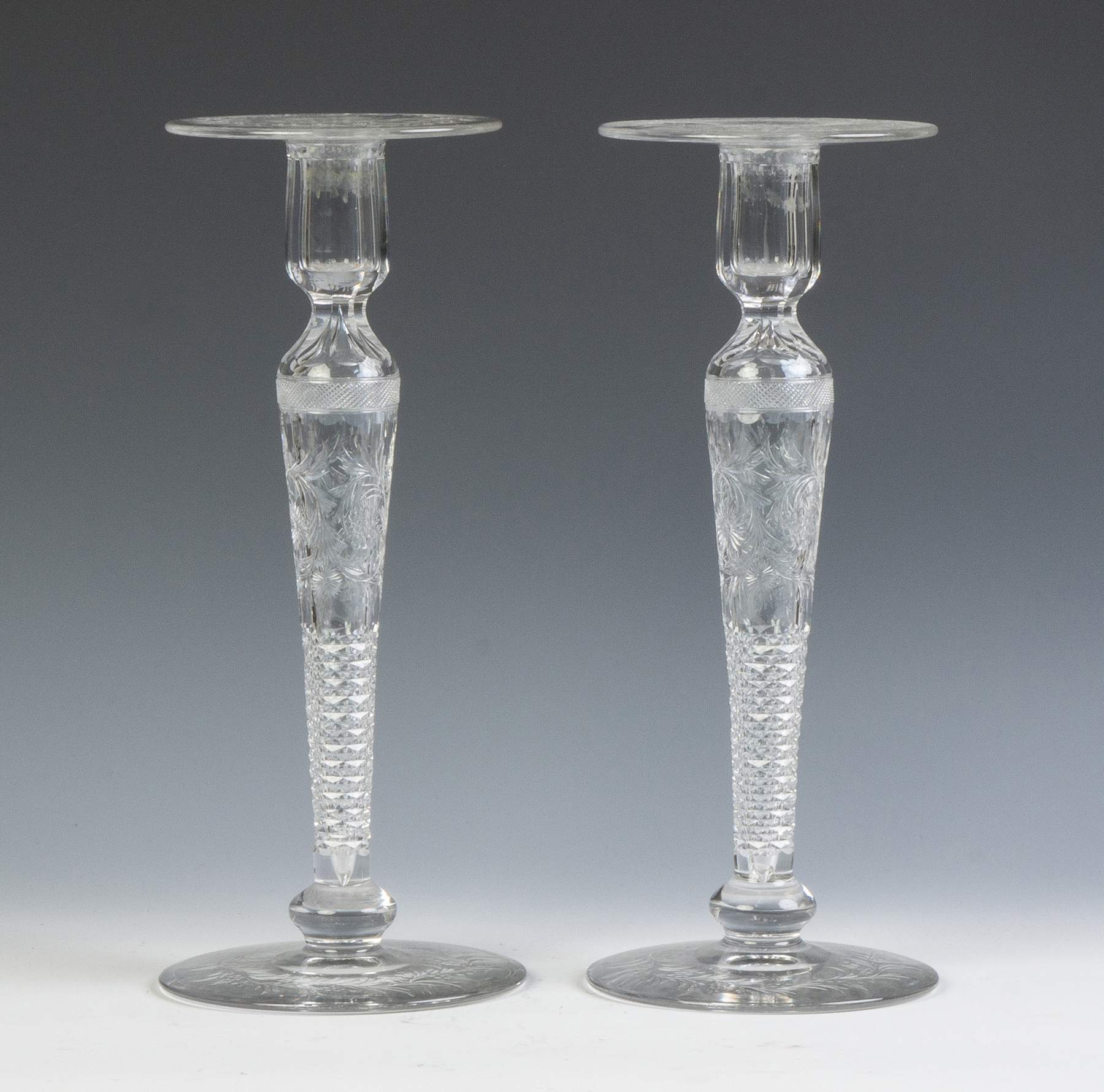 Pair of Hawkes Cut Glass & Engraved Candlesticks | Cottone Auctions