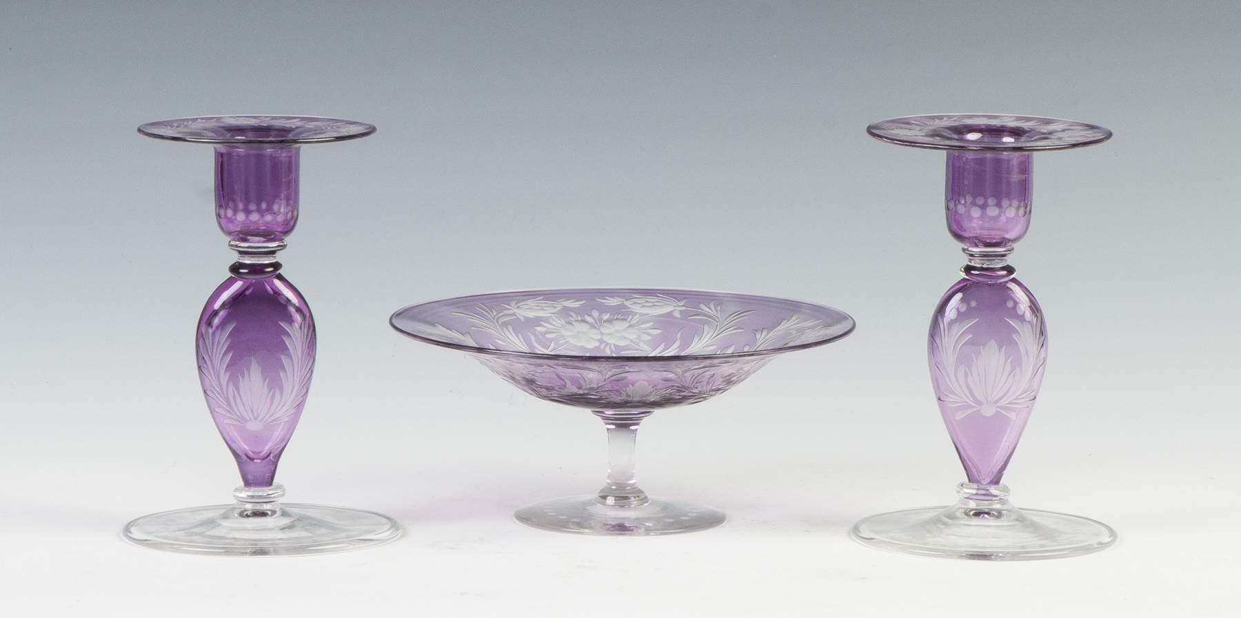 Steuben Amethyst Cut to Clear Compote & Candlesticks | Cottone Auctions