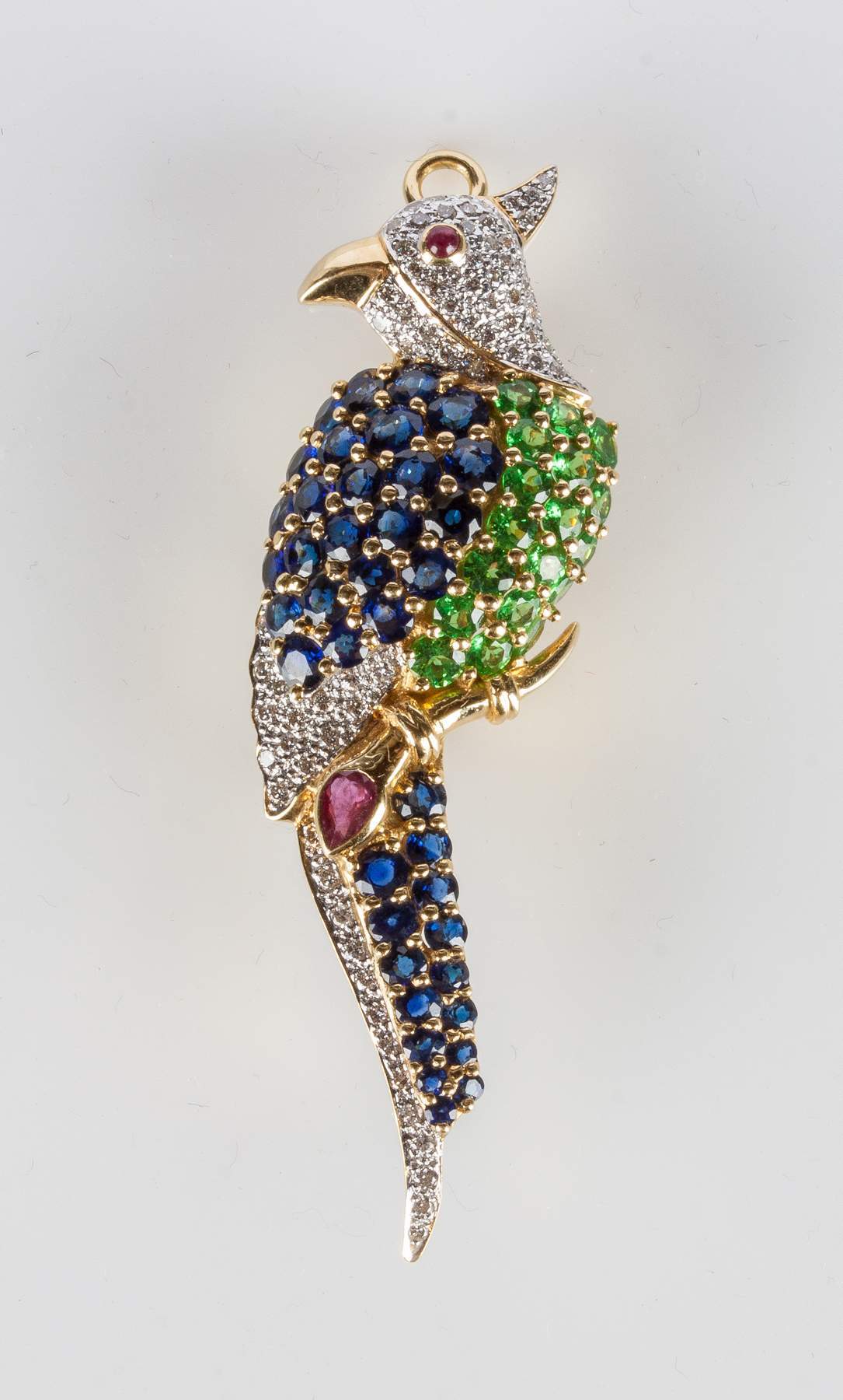 18K Gold, Diamond & Gemstone Parrot Pendant | Cottone Auctions