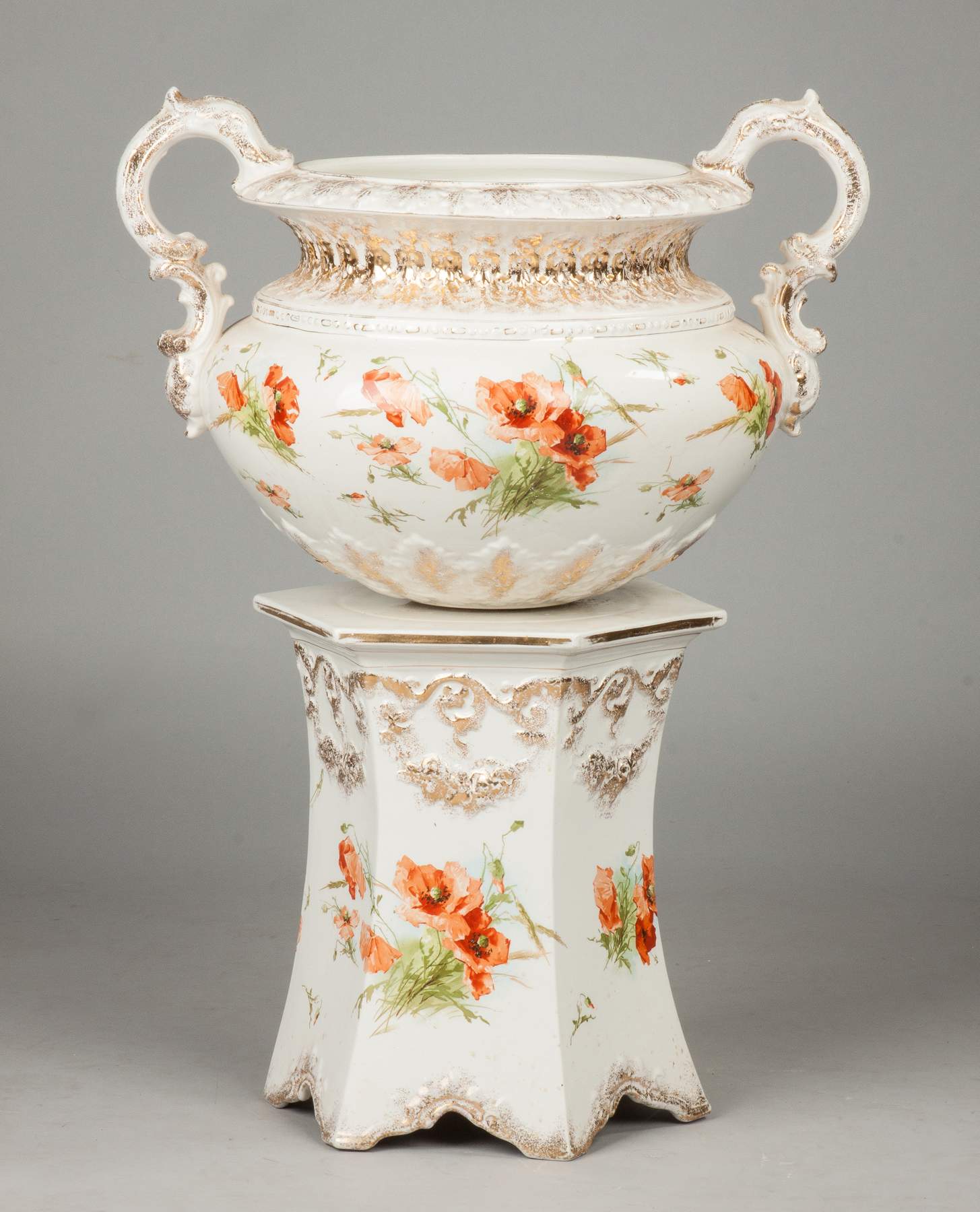 The Wheeling Pottery Co. Porcelain 2-Piece Jardiniere with Poppies ...