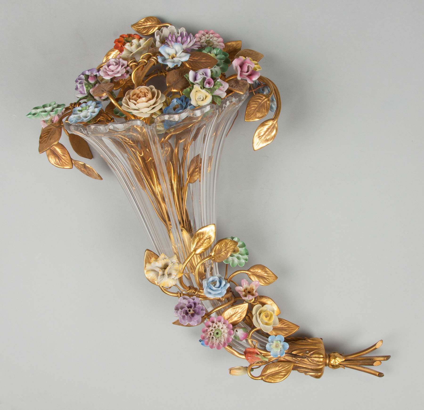 Cut Glass & Gilt Metal Cornucopia with Enameled Flowers | Cottone Auctions