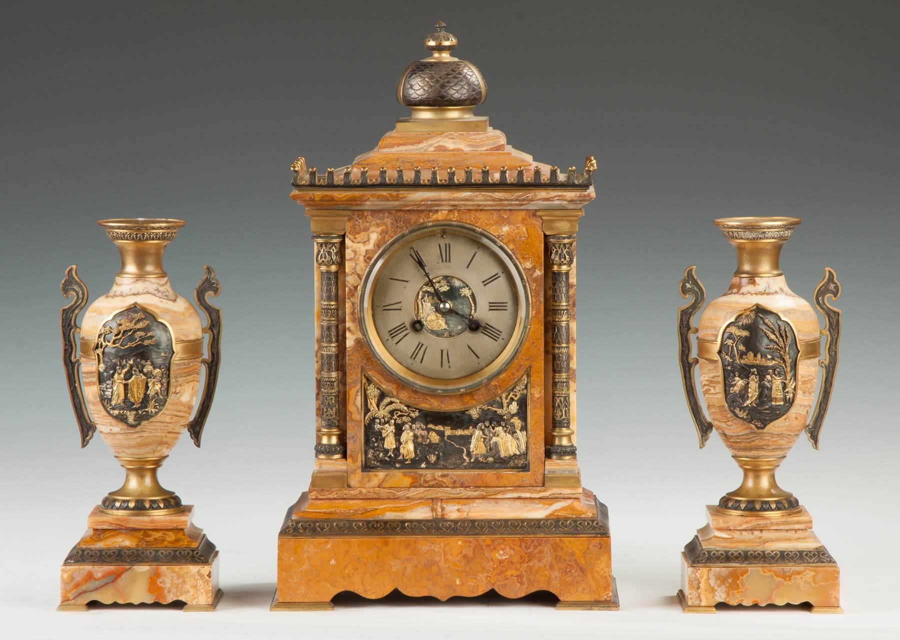 Achille Brocot, French, Mixed Metal & Marble 3-Piece Clock Set with ...