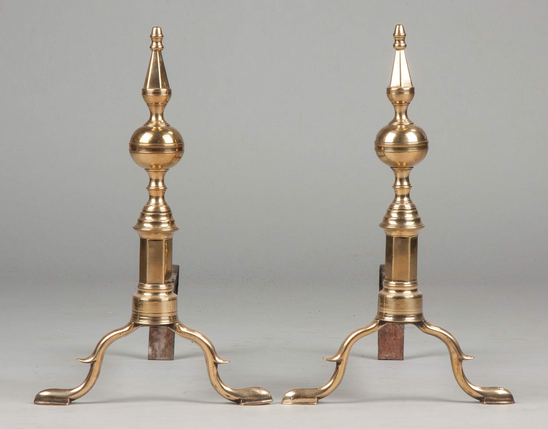 Period John Molineux, Boston, Brass Steeple Top Andirons | Cottone Auctions