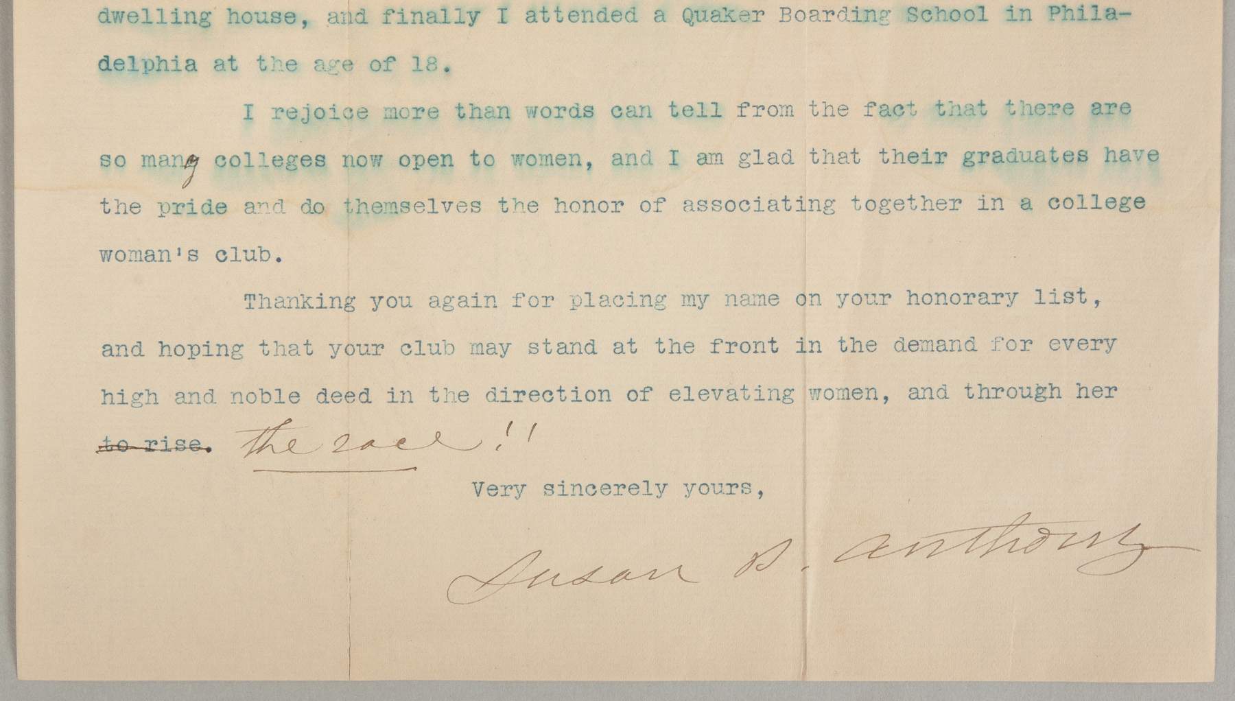 Susan B. Anthony Letter | Cottone Auctions