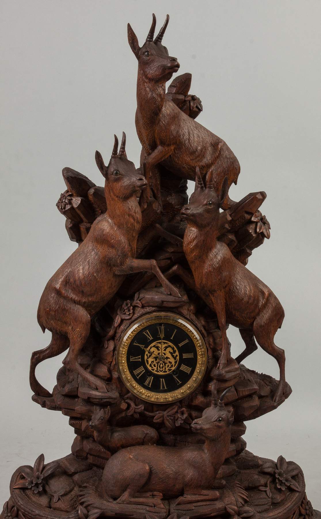 Carved Black Forest Clock with Mountain Goats and Foliage | Cottone ...