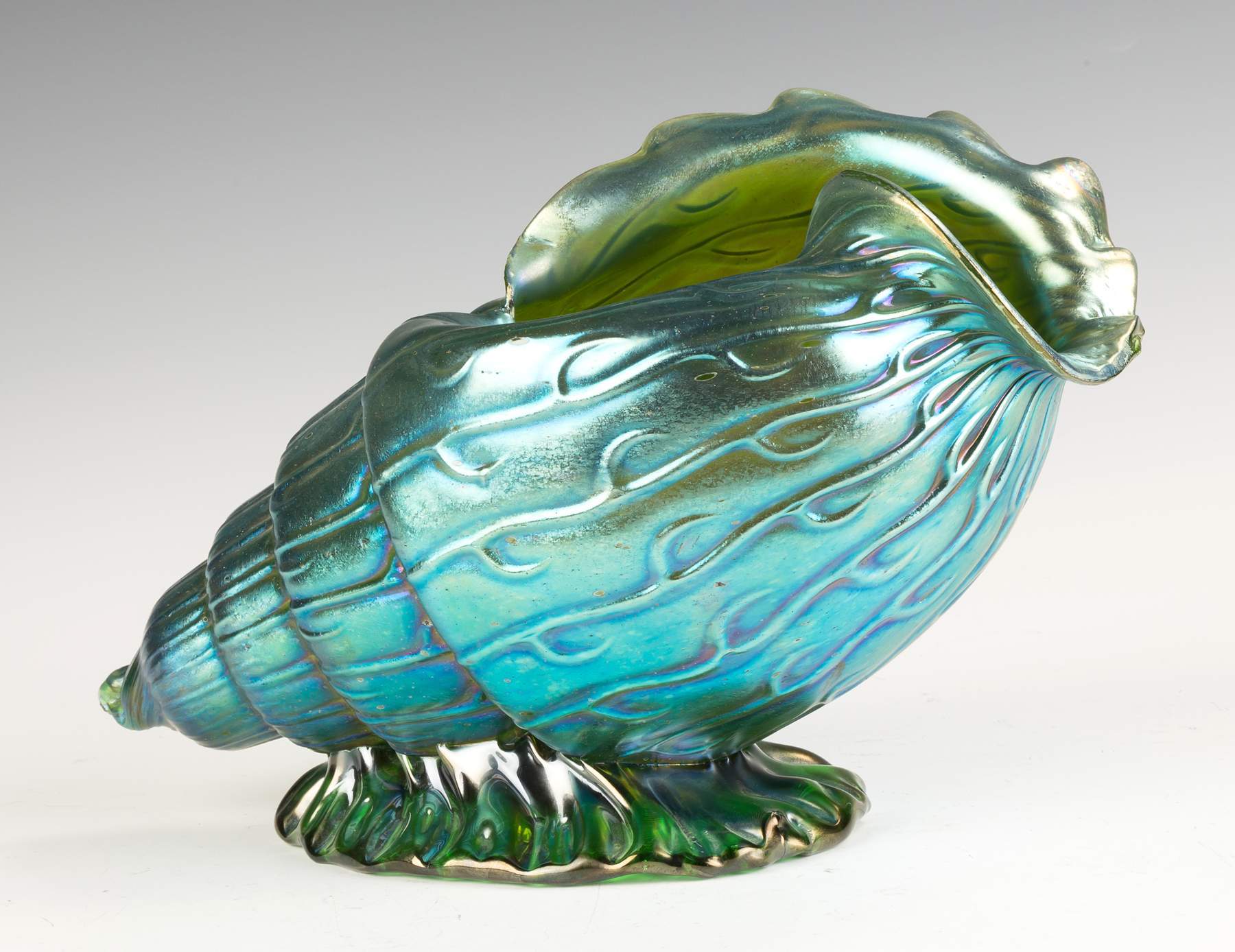 Fine Loetz Large Nautilus Shell Blue Iridescent Vase | Cottone Auctions