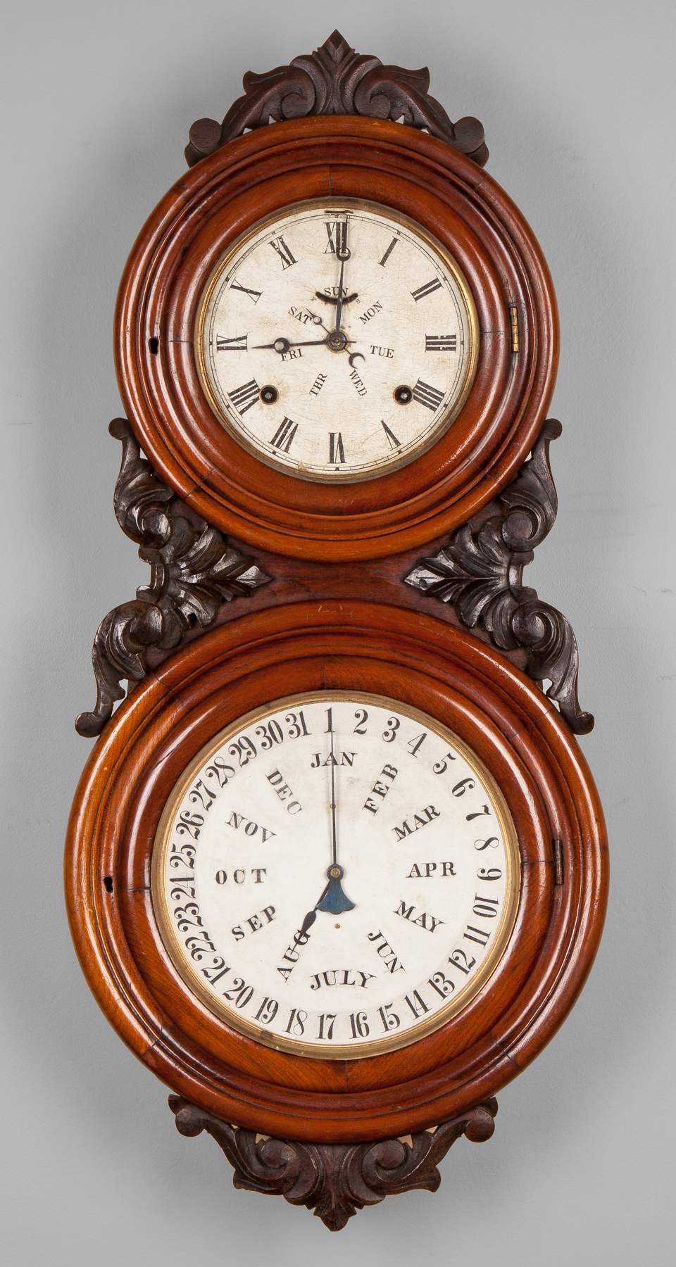 B.B. Lewis Double Dial Calendar Wall Clock, Bristol, CT | Cottone Auctions