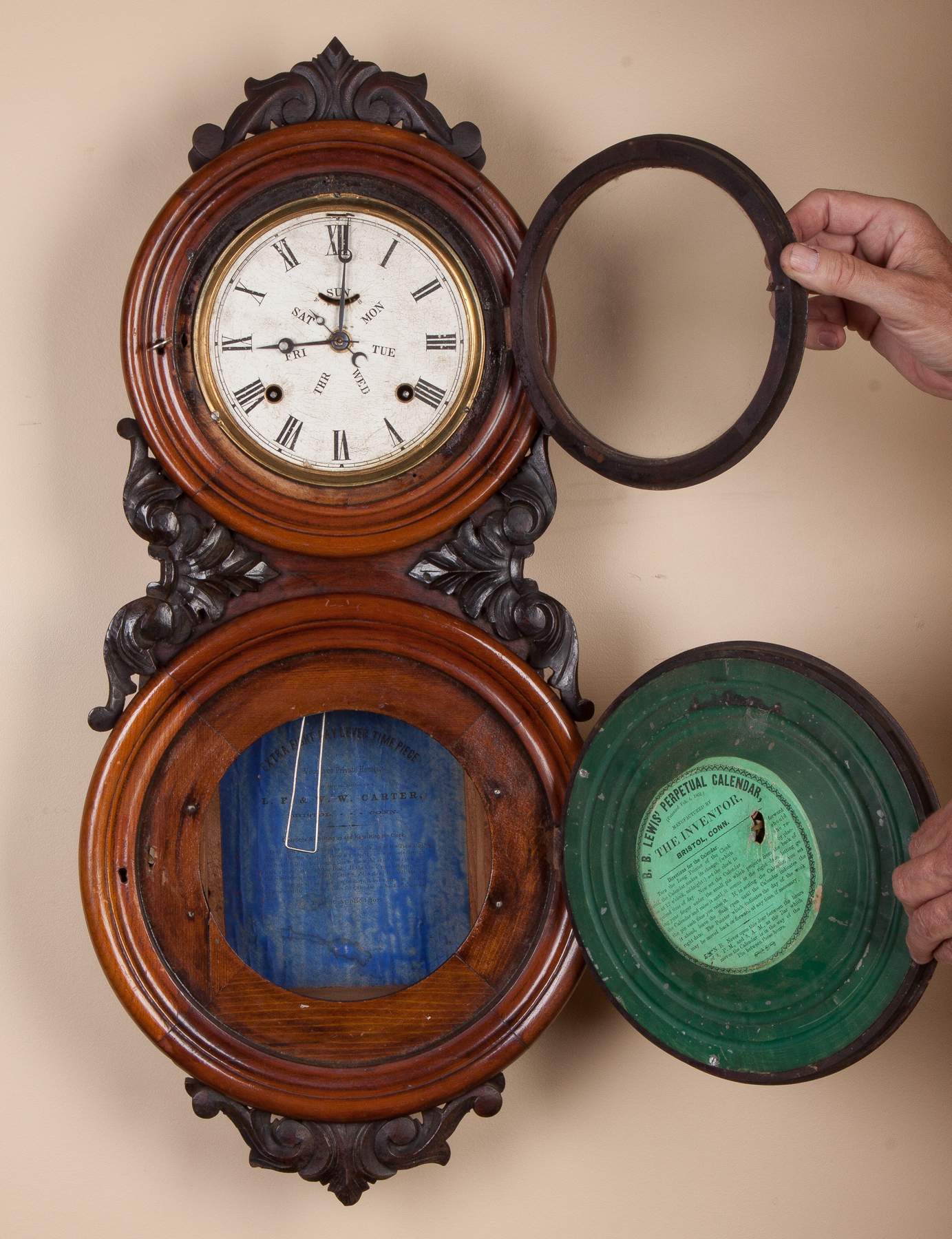 B.B. Lewis Double Dial Calendar Wall Clock, Bristol, CT | Cottone Auctions