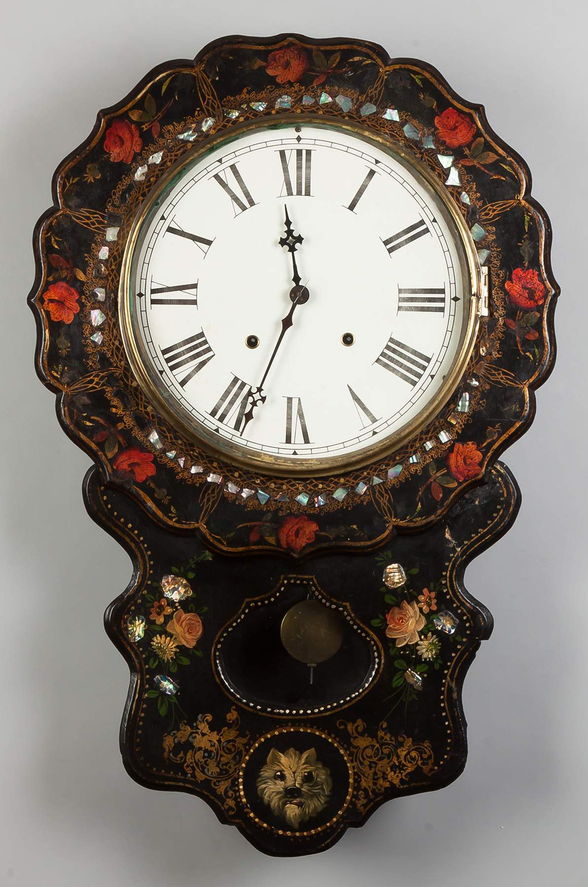 Unknown Maker Paper Mache and Mother of Pearl Wall Clock | Cottone Auctions
