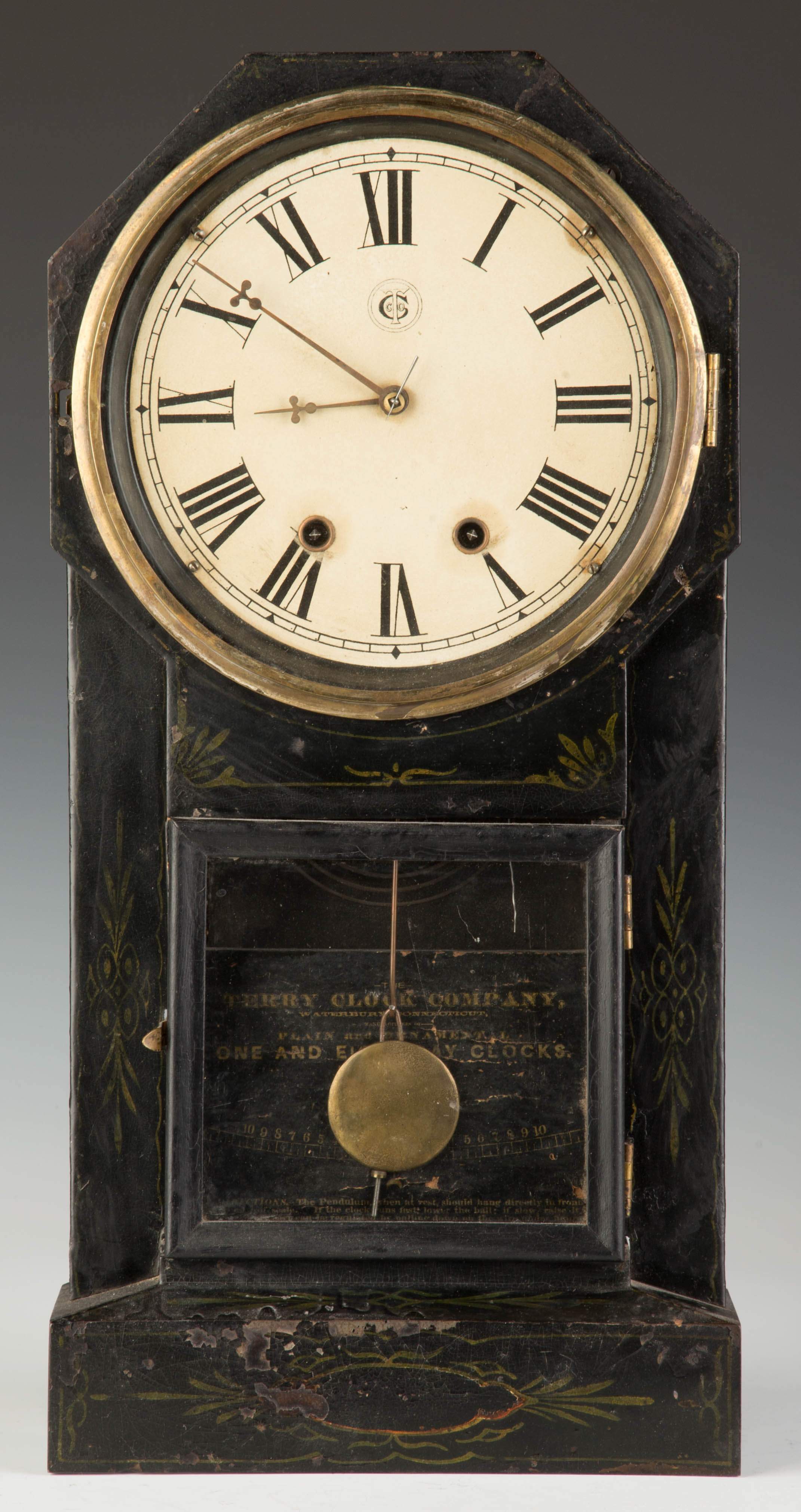 Terry Clock Co. Iron Front and Metal Shelf Clock | Cottone Auctions