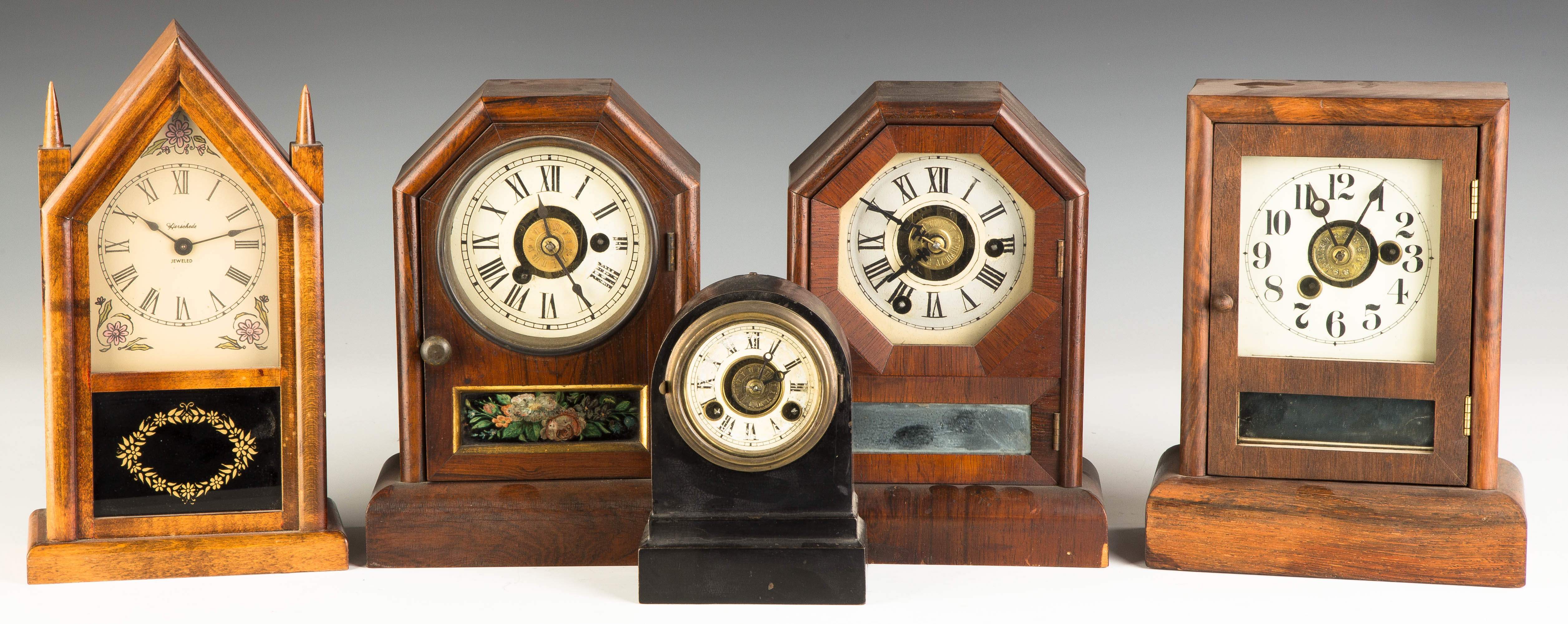 Group of Miniature Cottage Clocks and a Terryville Iron Front | Cottone ...