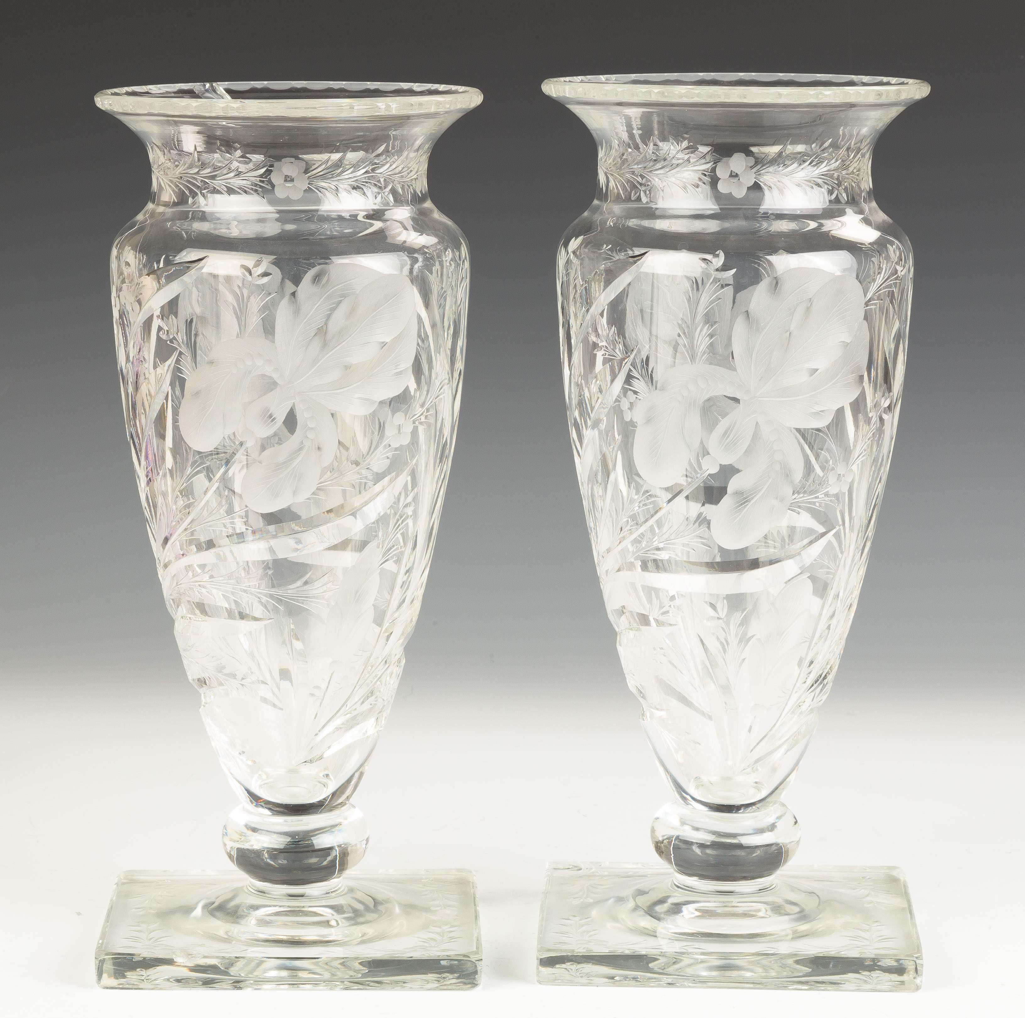 Pair of Hawkes Cut Glass Vases with Irises | Cottone Auctions