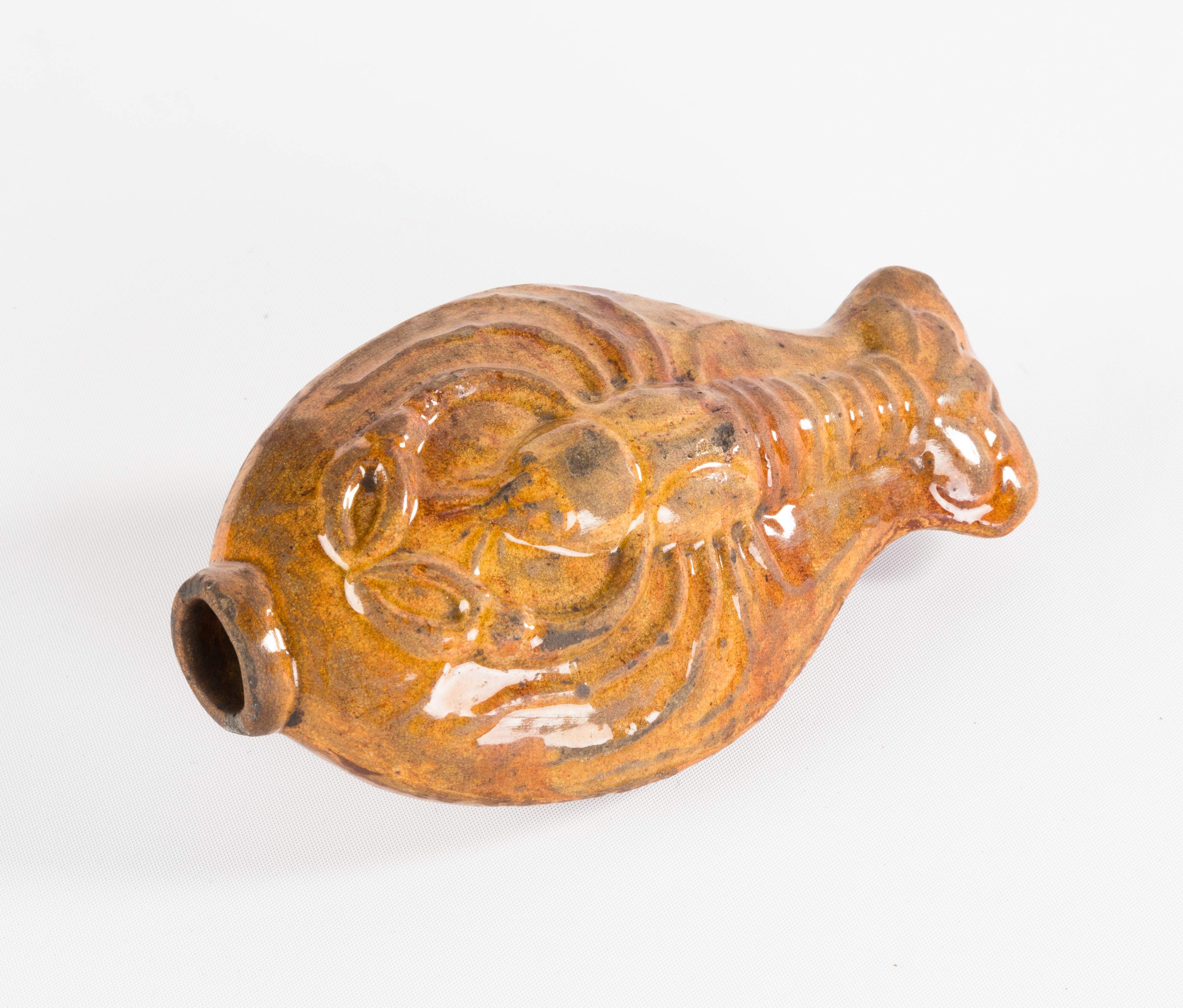 Rare Moravian, NC Redware Glazed Flask with Lobster | Cottone Auctions