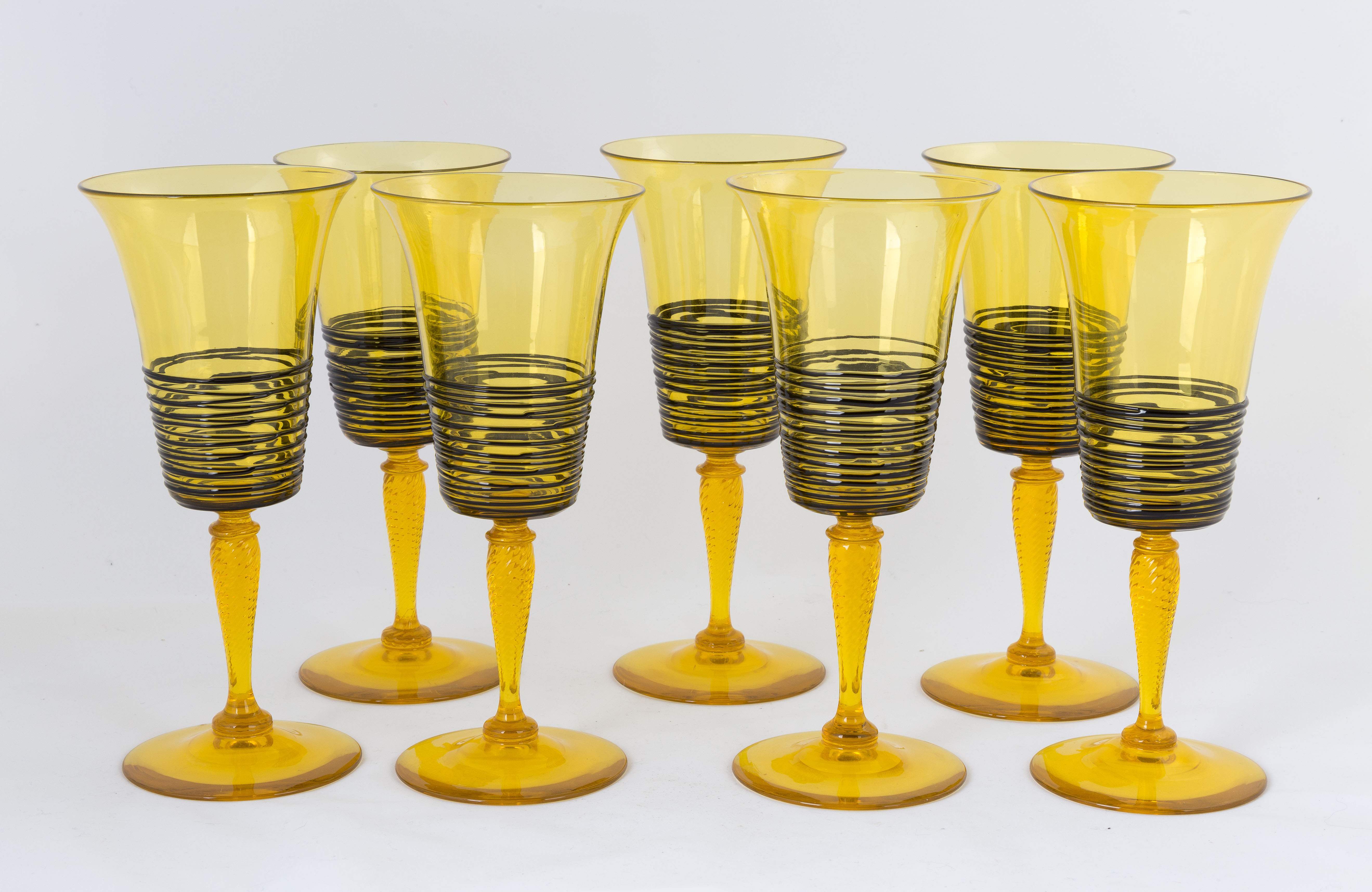 Seven Steuben Bristol Yellow Goblets with Black Threading | Cottone ...