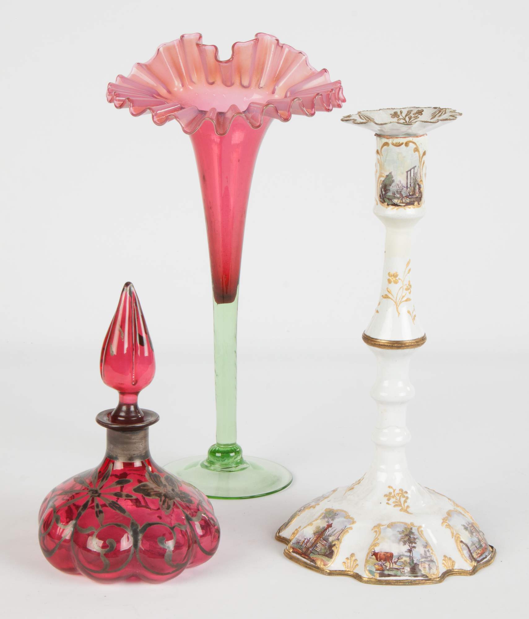 Art Glass Vase, Cologne and Enameled Candlestick | Cottone Auctions
