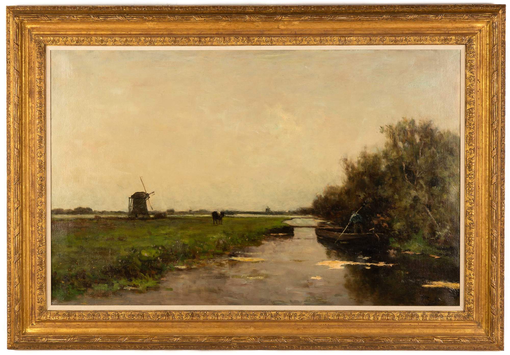 Victor Bauffe (Dutch, 1849-1921) "Punterende boer in weids landschap ...