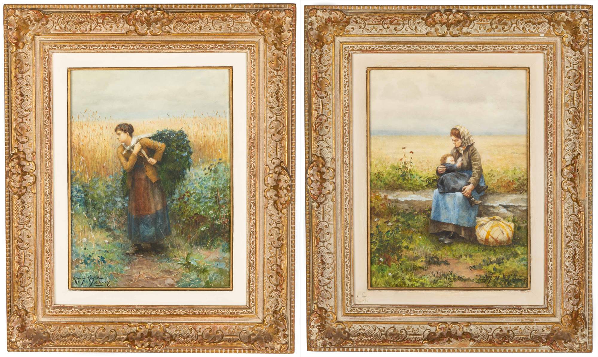 Pair of Daniel Ridgeway Knight (American, 1839-1924) Watercolors of ...