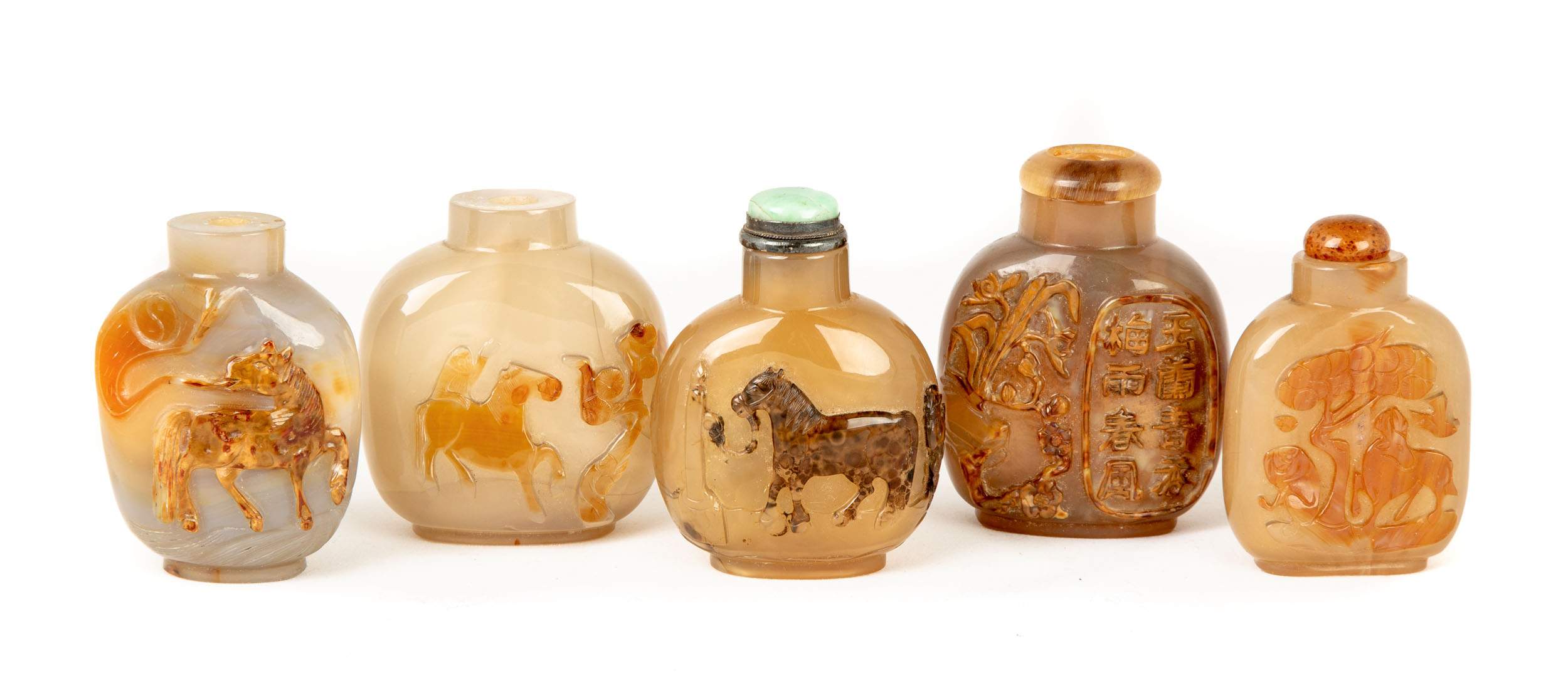 Group of Five Chinese Carved Agate Snuff Bottles | Cottone Auctions