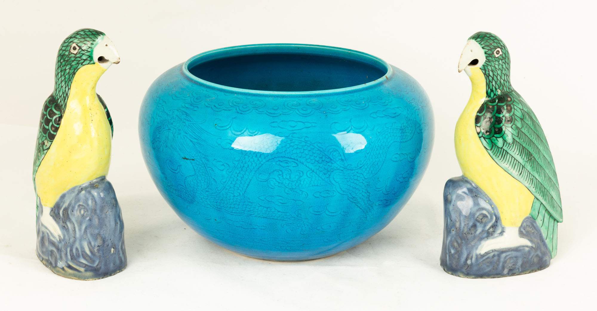 Chinese Blue Dragon Bowl & Two Chinese Porcelain Birds | Cottone Auctions