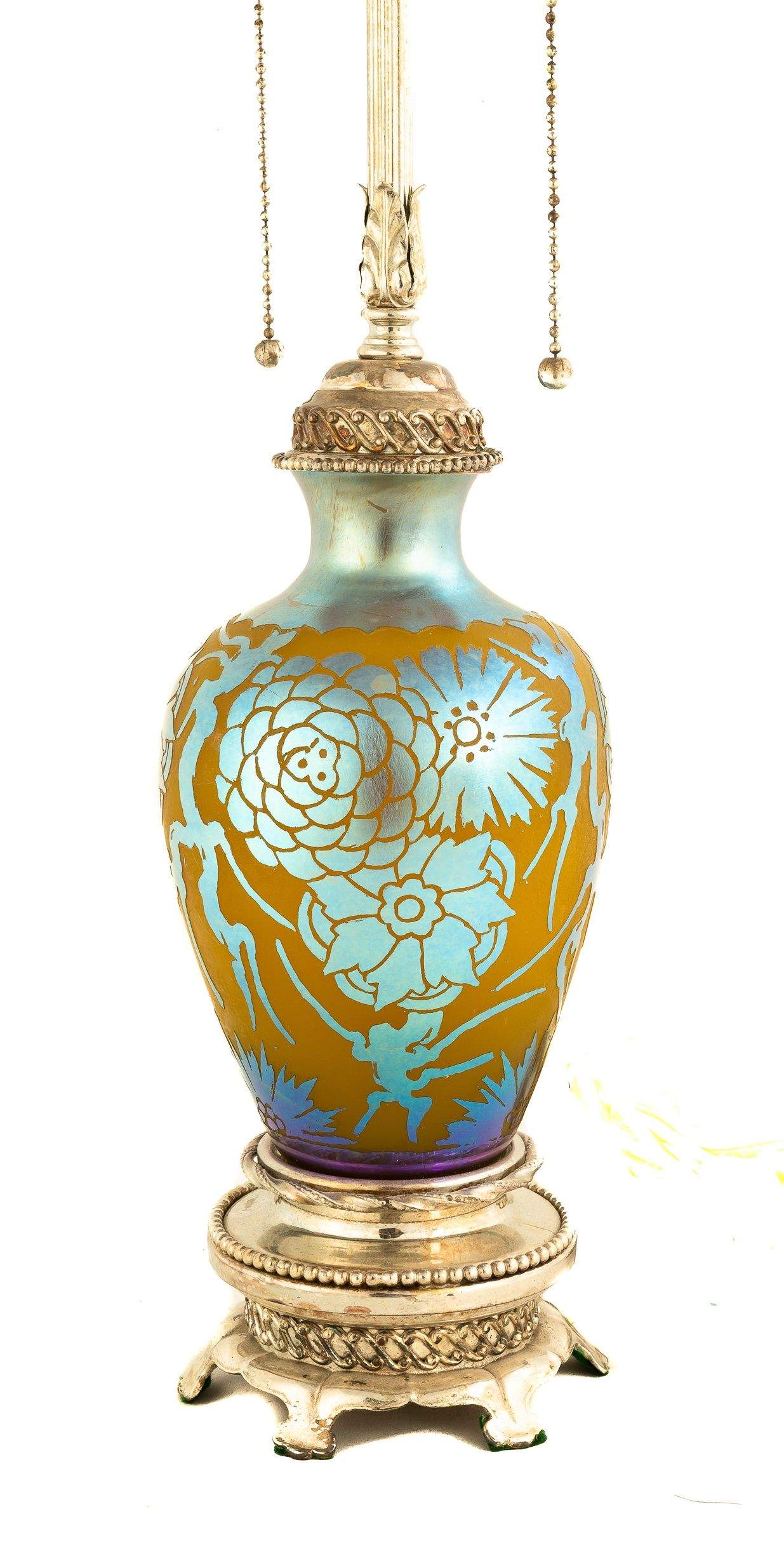 Steuben Yellow Jade & Blue Aurene Acid Cut-Back Lamp Base | Cottone ...