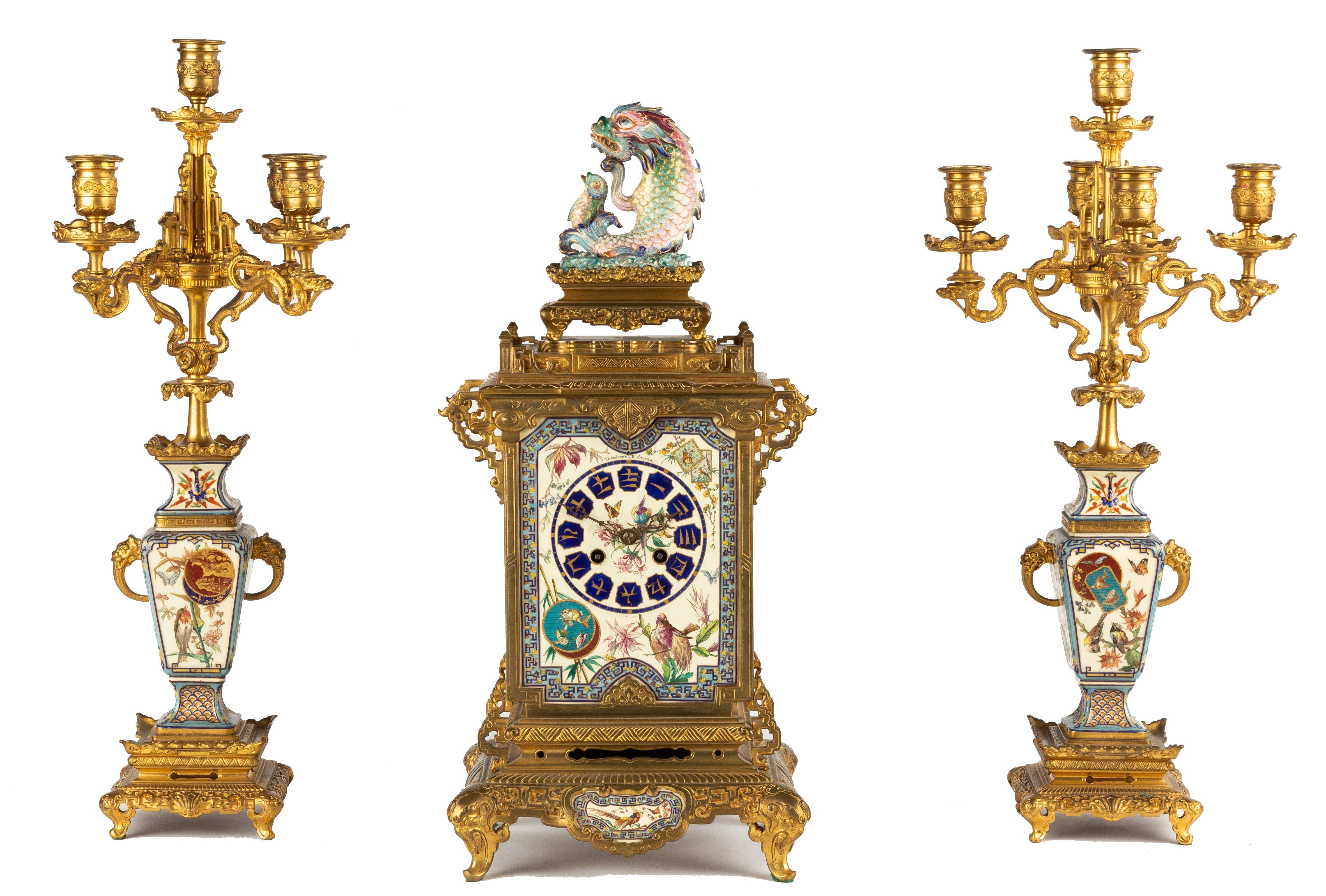 Fine & Rare 3-Piece Garniture Gilt Bronze Japonisme Clock | Cottone ...