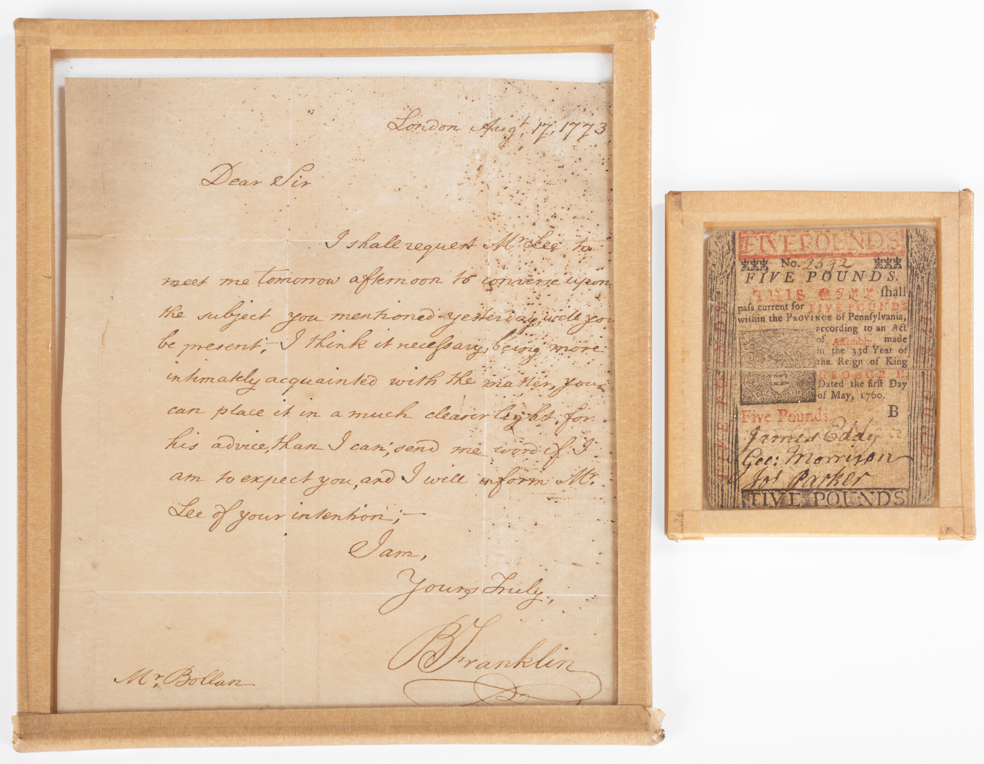 Letter from Benjamin Franklin, William Bollan and Arthur Lee | Cottone ...