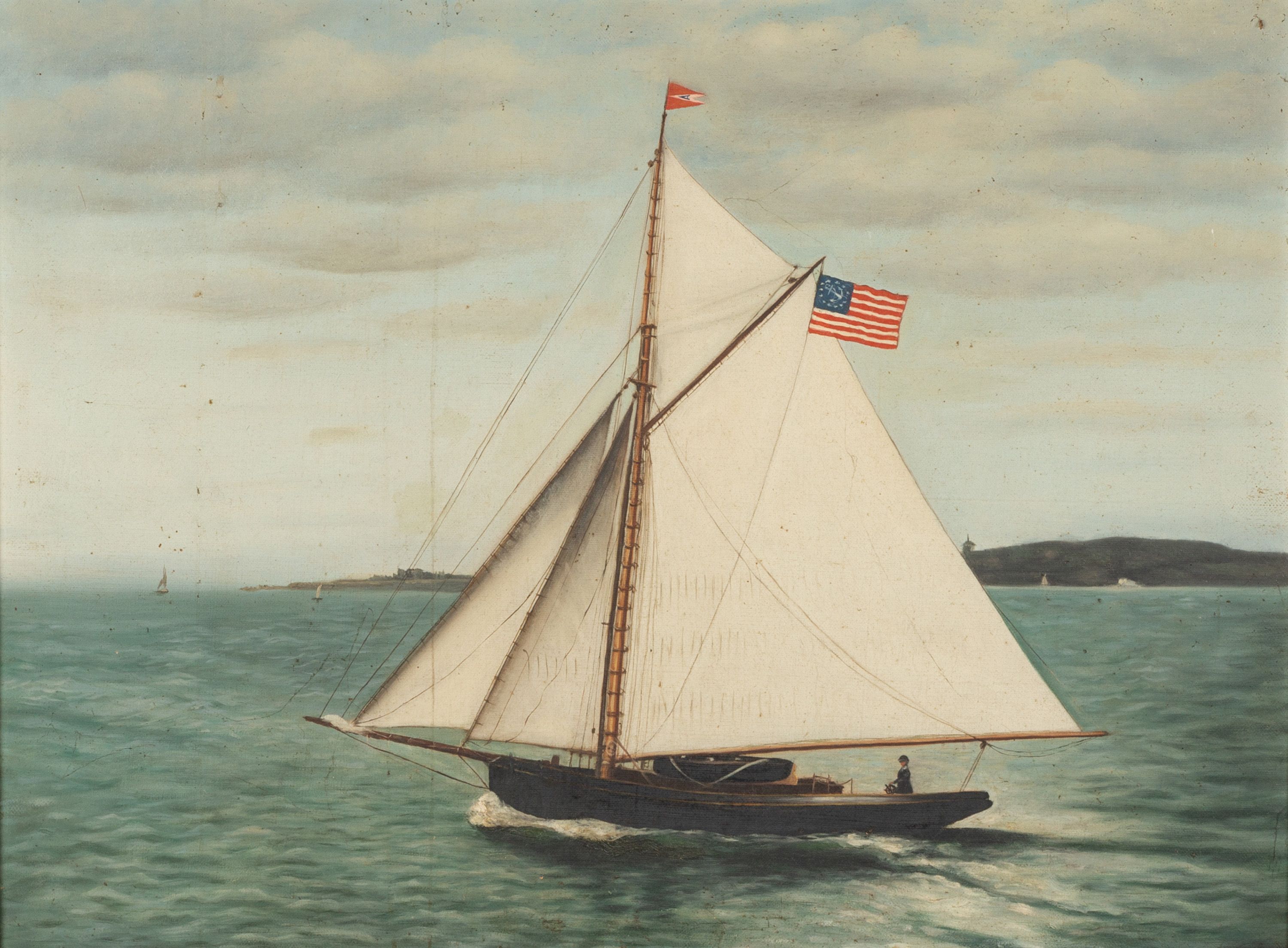 19th Century Sailing Vessel Painting with American Flag | Cottone Auctions