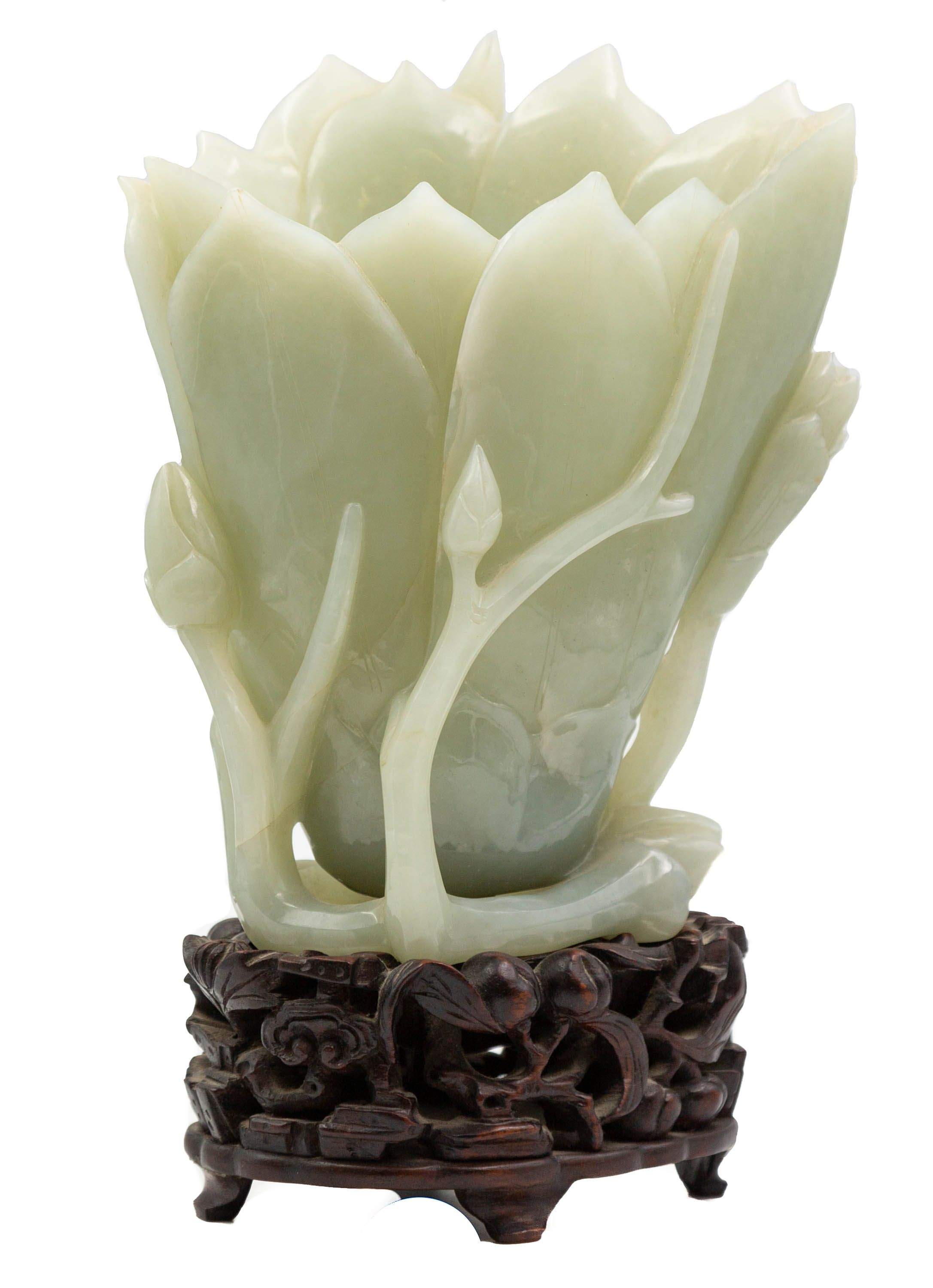 Chinese Carved Jade Lotus Flower Vase | Cottone Auctions