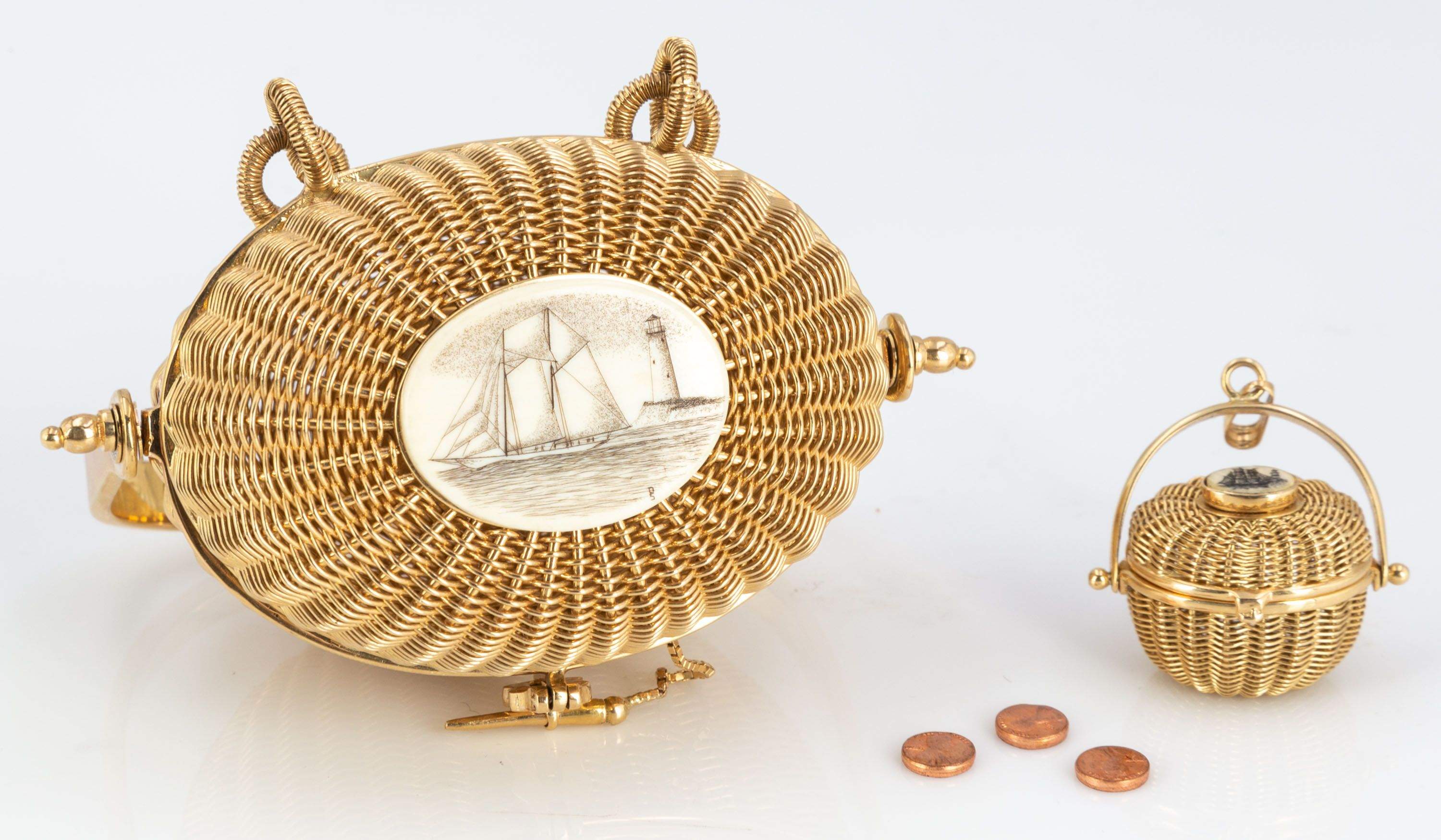 14K Gold Nantucket Baskets with 3 Miniature Pennies | Cottone Auctions