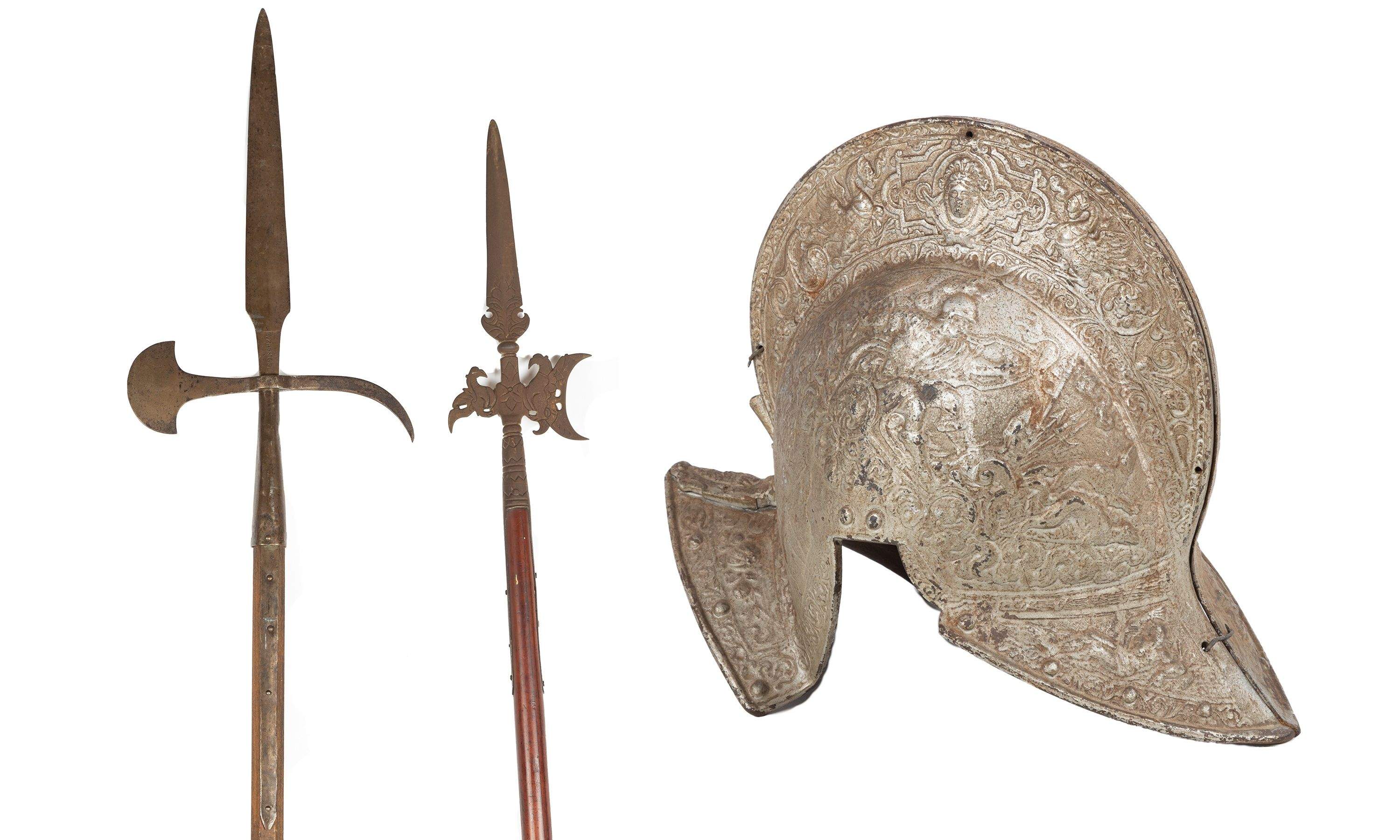 (2) Halberds and Victorian copy of a Renaissance Parade Helmet ...