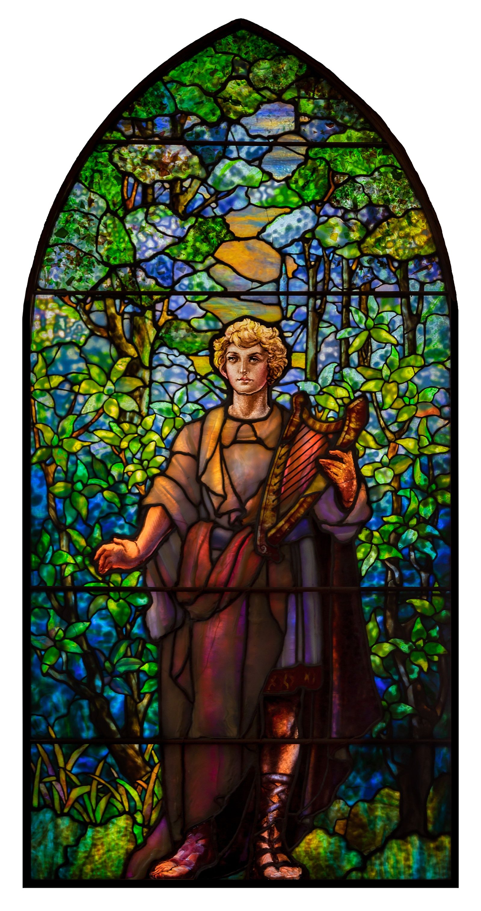 Tiffany Studios Leaded Glass Window of Boy David Holding a Harp ...