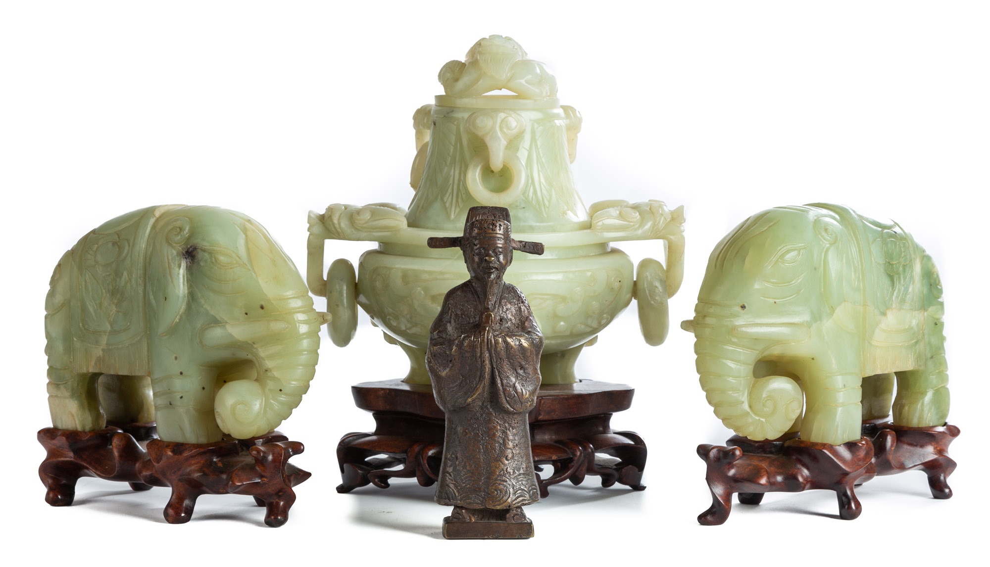 Chinese Jade Censor, Elephants and Bronze Figure | Cottone Auctions