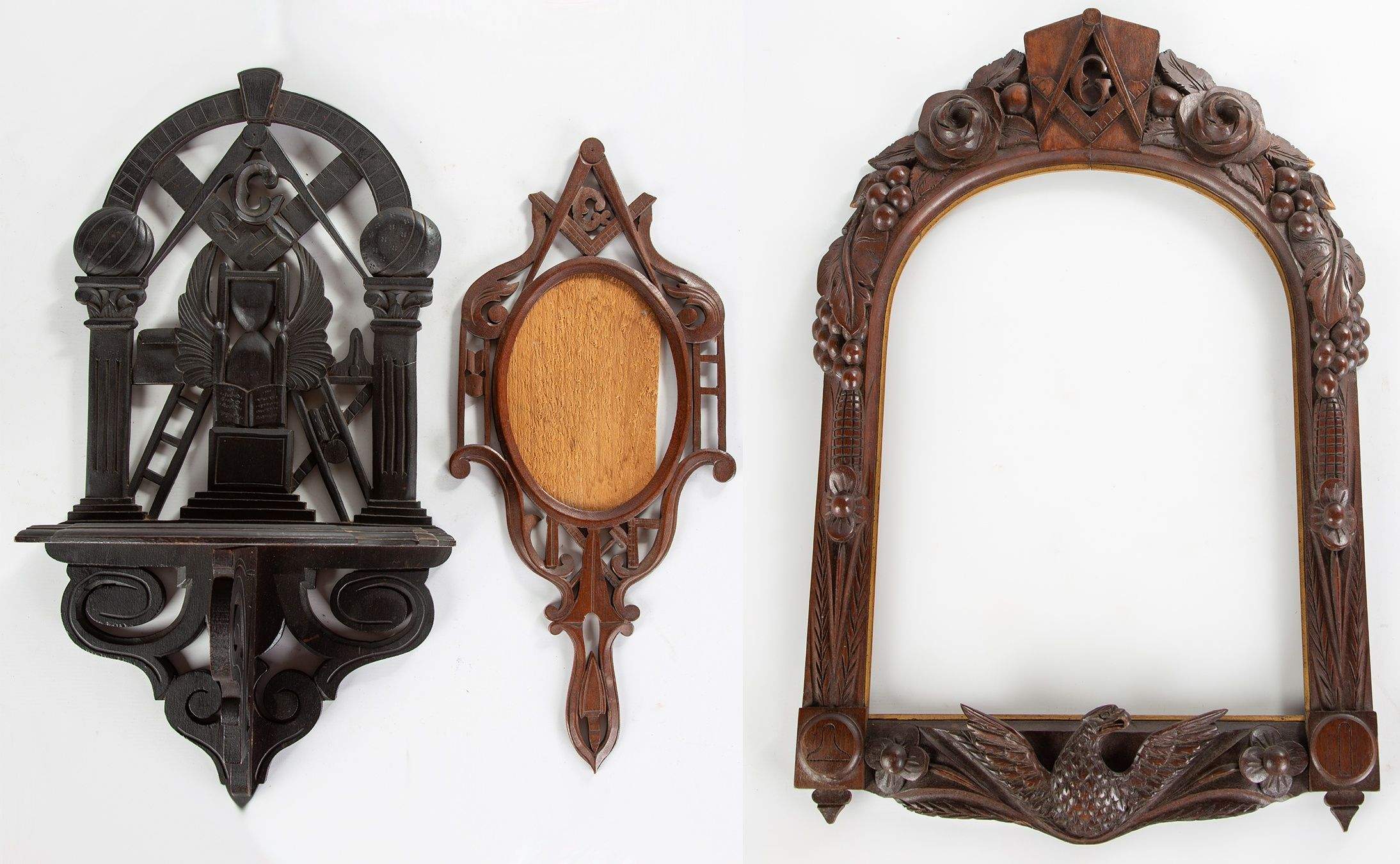 (2) Masonic Carved Picture Frames and Carved Masonic Shelf | Cottone ...