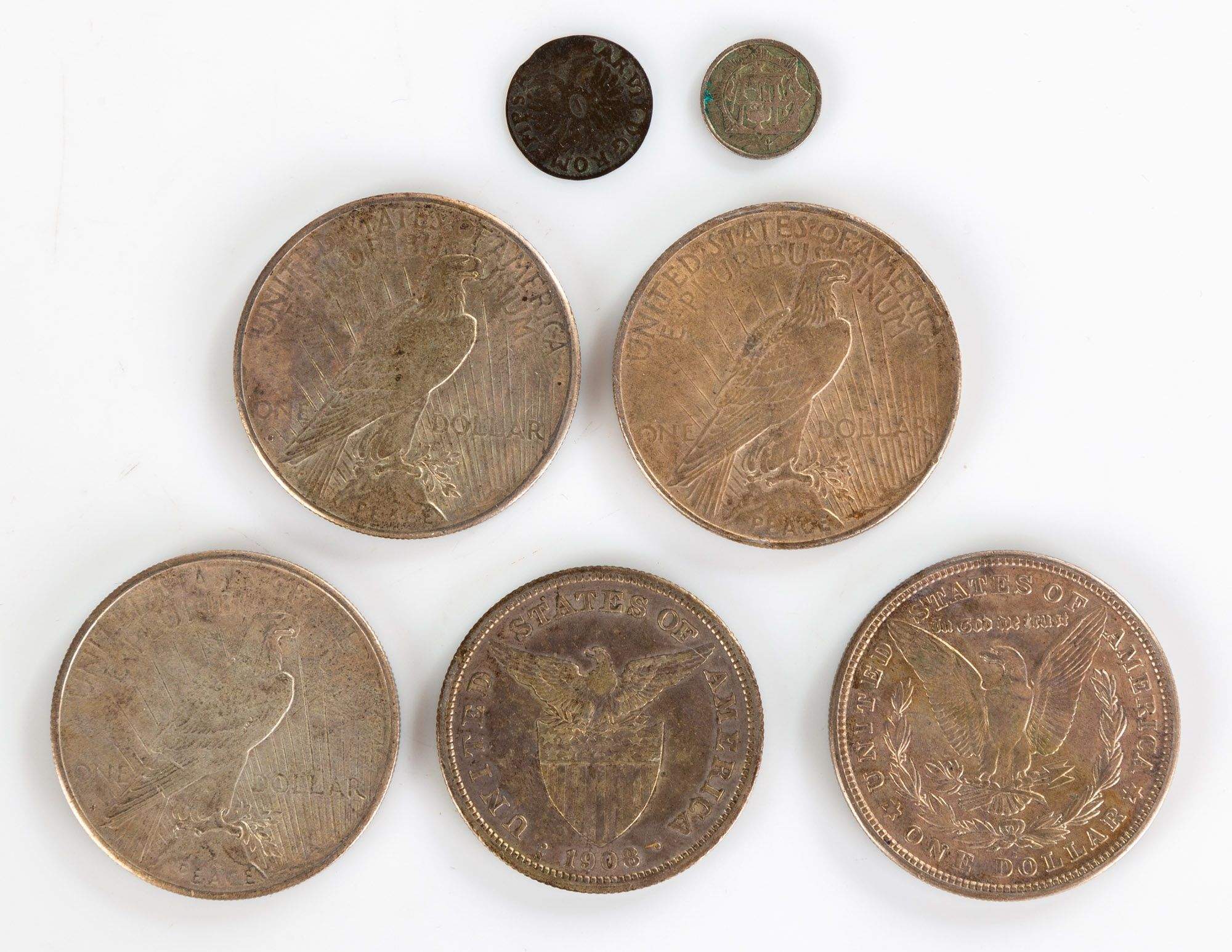 Group of Silver Dollars, Continental Coins and 1908 Philippines 1 Peso ...