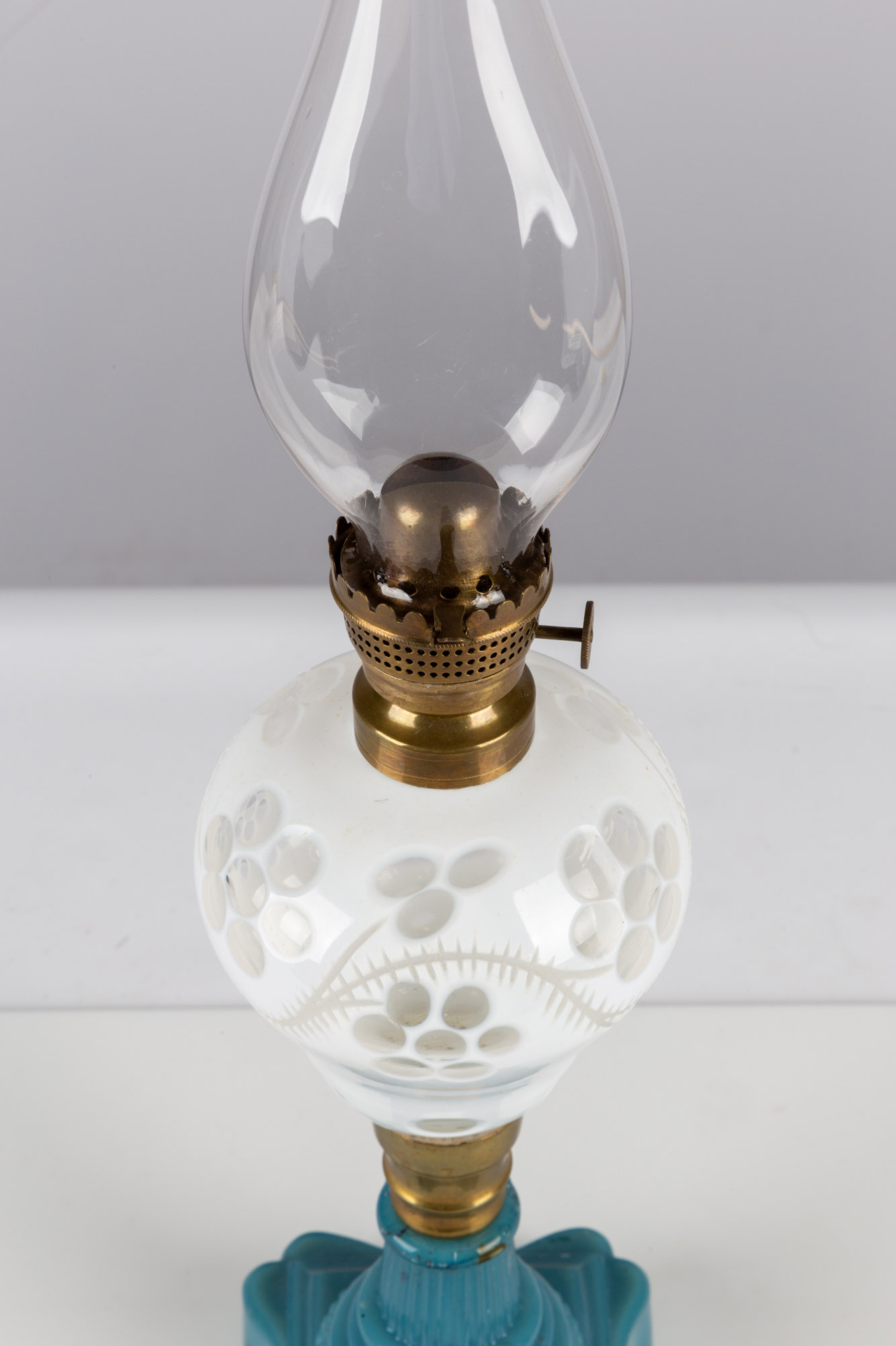 White Overlay & Cyan Glass Oil Lamp | Cottone Auctions