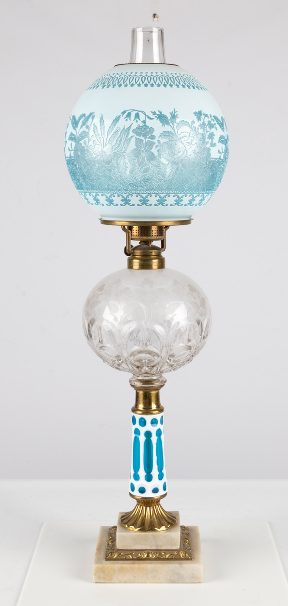 Notched Bulls Eye & Light Blue Overlay Oil Lamp with Overlay & Etched ...