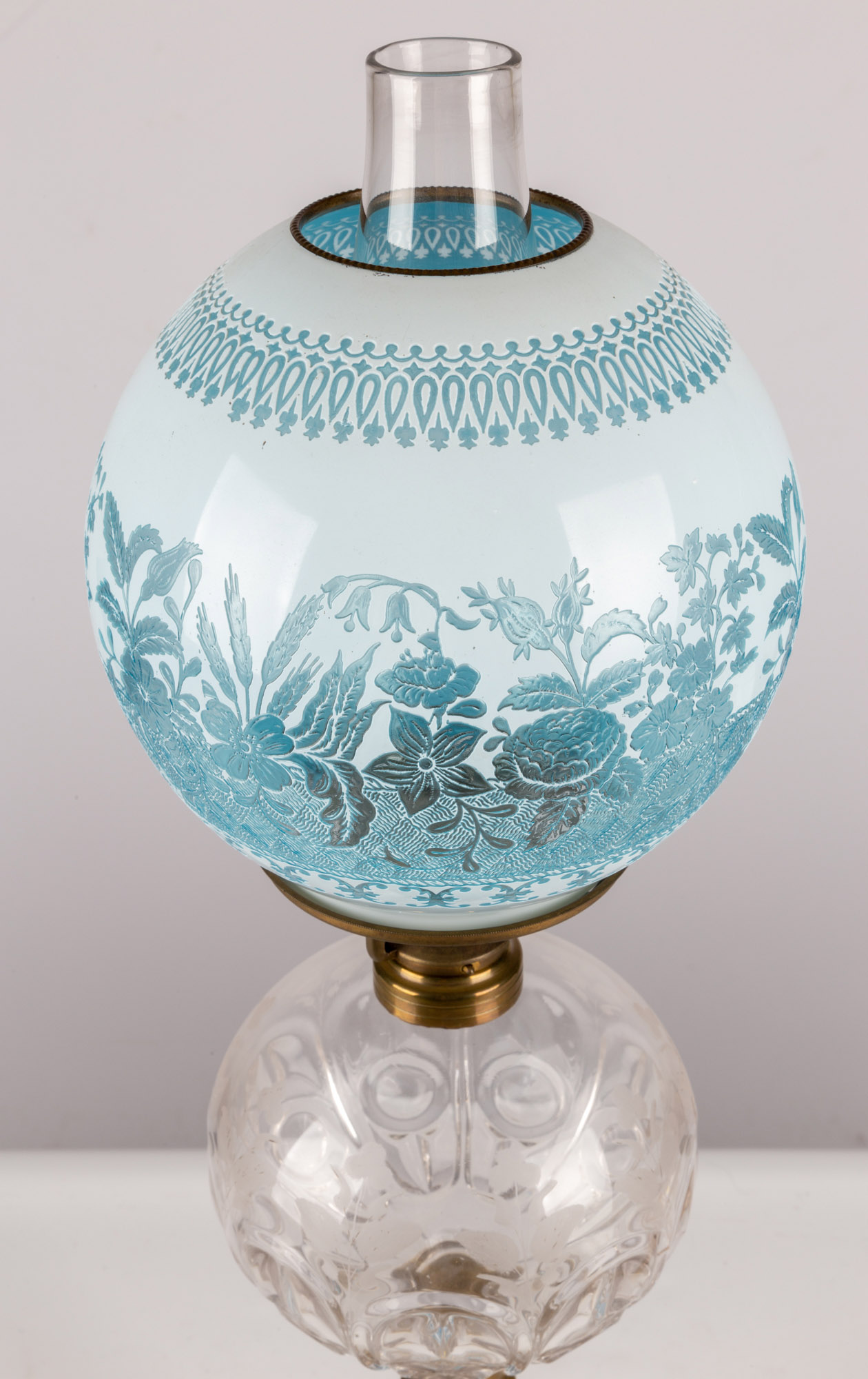 Notched Bulls Eye & Light Blue Overlay Oil Lamp with Overlay & Etched ...