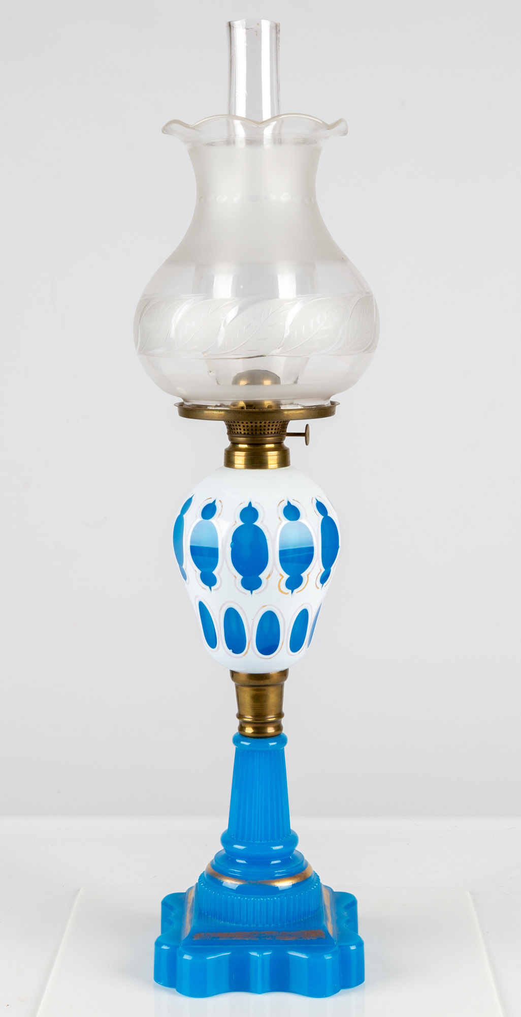 White Cut to Blue Overlay Oil Lamp | Cottone Auctions