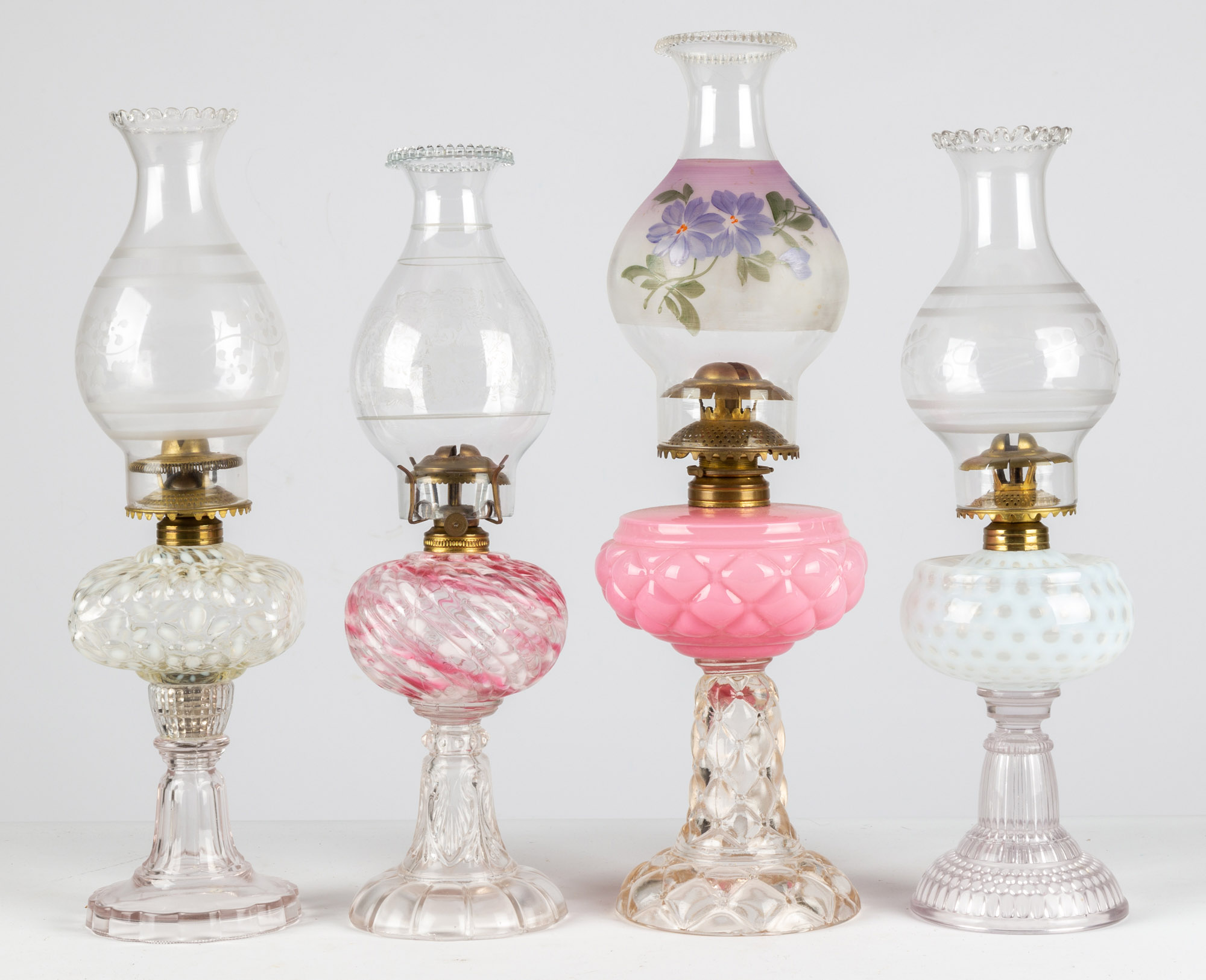 (4) Opalescent Swirl, Quilt & Coin Spot Oil Lamps | Cottone Auctions