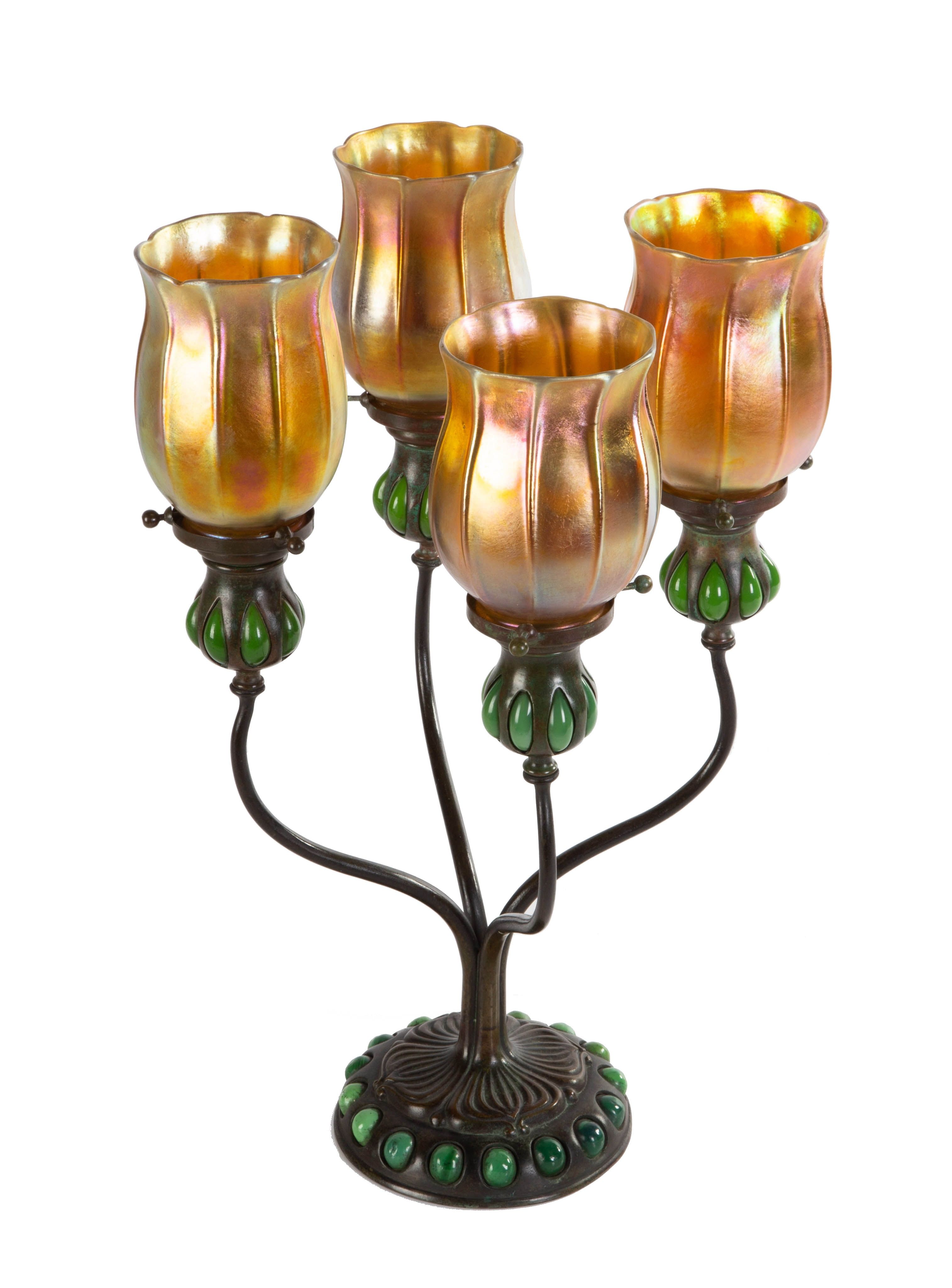Tiffany Studios Four-Post Jeweled & Blown-Out Candelabra | Cottone Auctions
