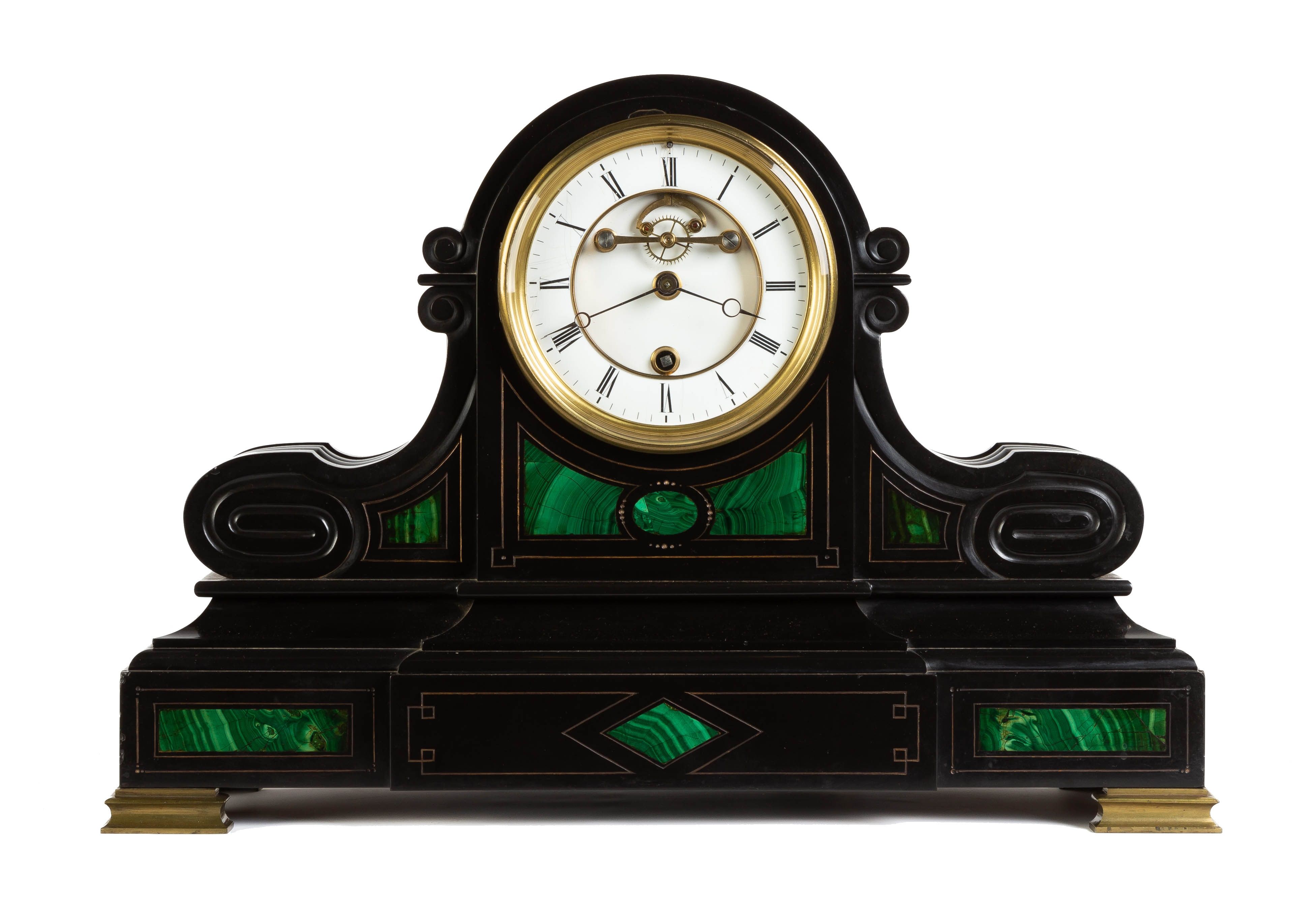 19th Century Year-going Black Slate & Malachite Mantel Clock | Cottone ...