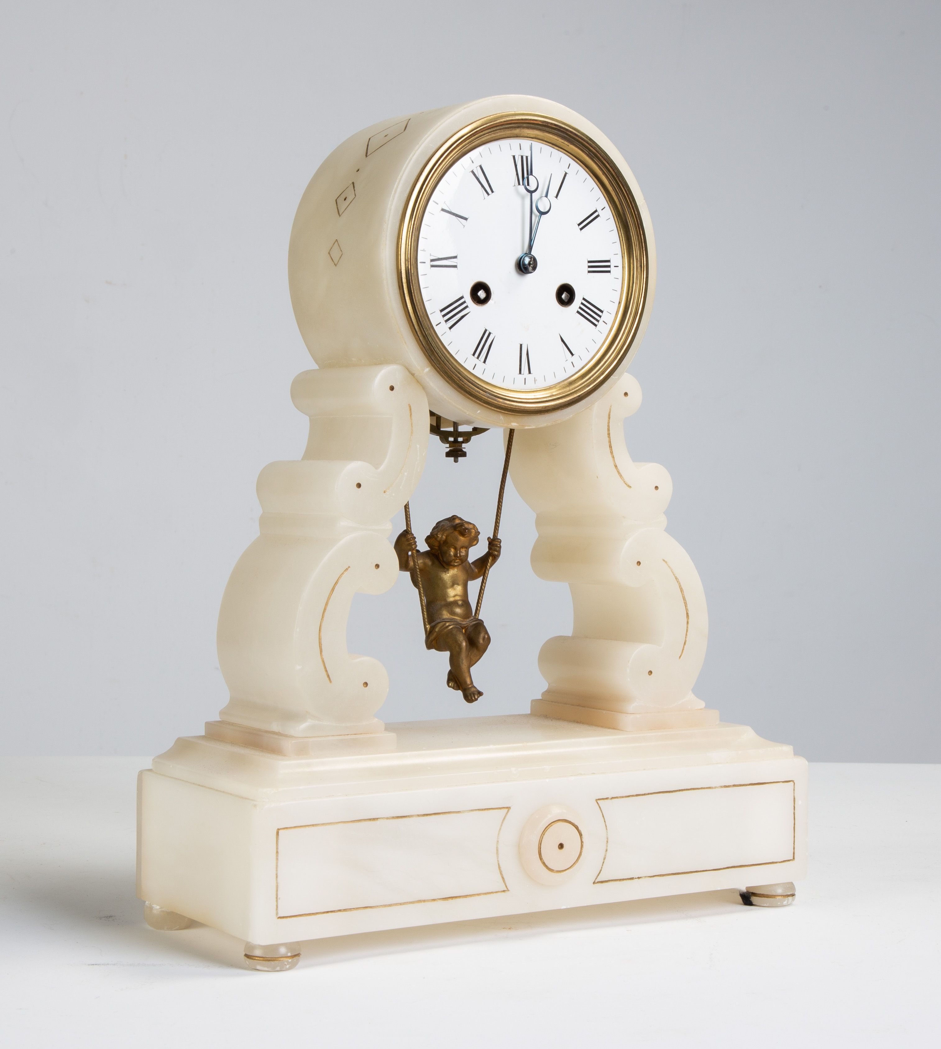 19th Century French Alabaster 'Cherub on a Swing' Mantle Clock ...