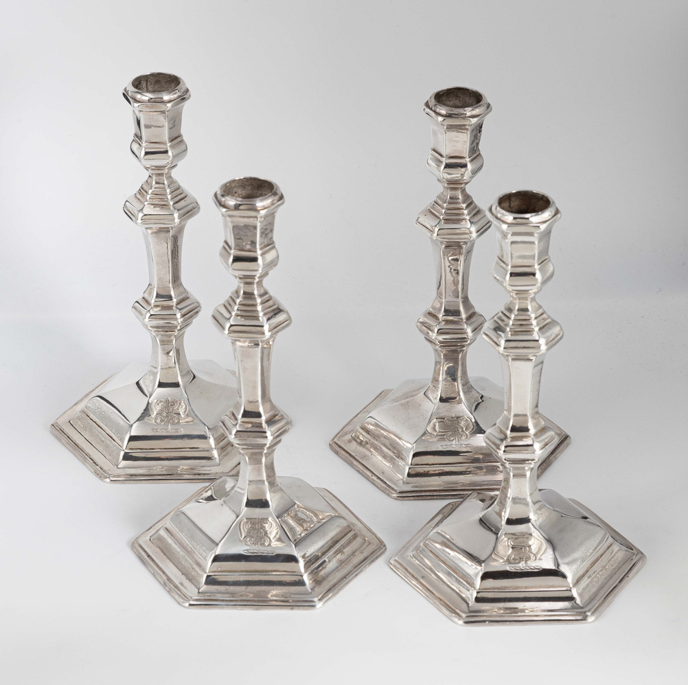 (4) George I Silver Hexagonal Taper Stick Candlesticks, Mark of James ...