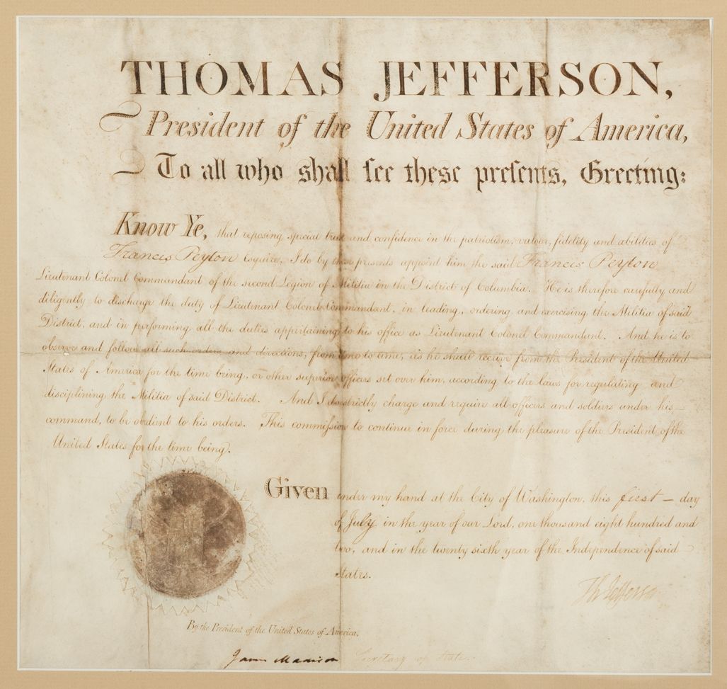 Thomas Jefferson, 1802 Appointment Document | Cottone Auctions