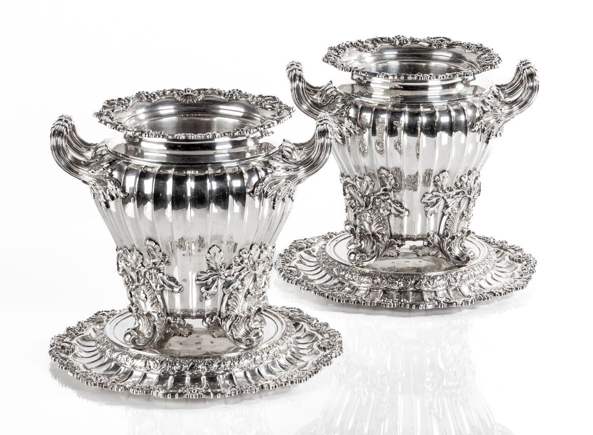Pair of Fine and Rare George III Silver Wine Coolers, Liners and Stands ...