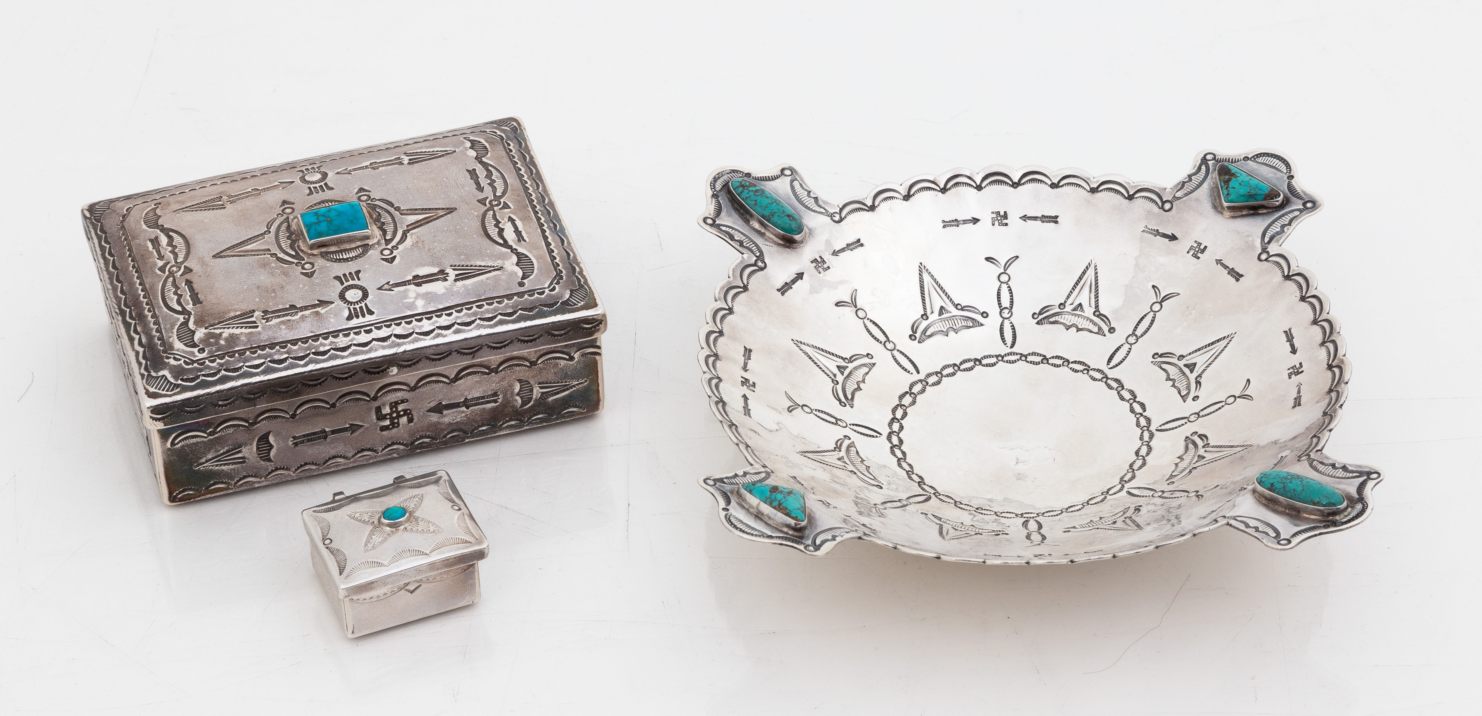 Southwest Native American Sterling Silver Boxes and Tray with Inset ...