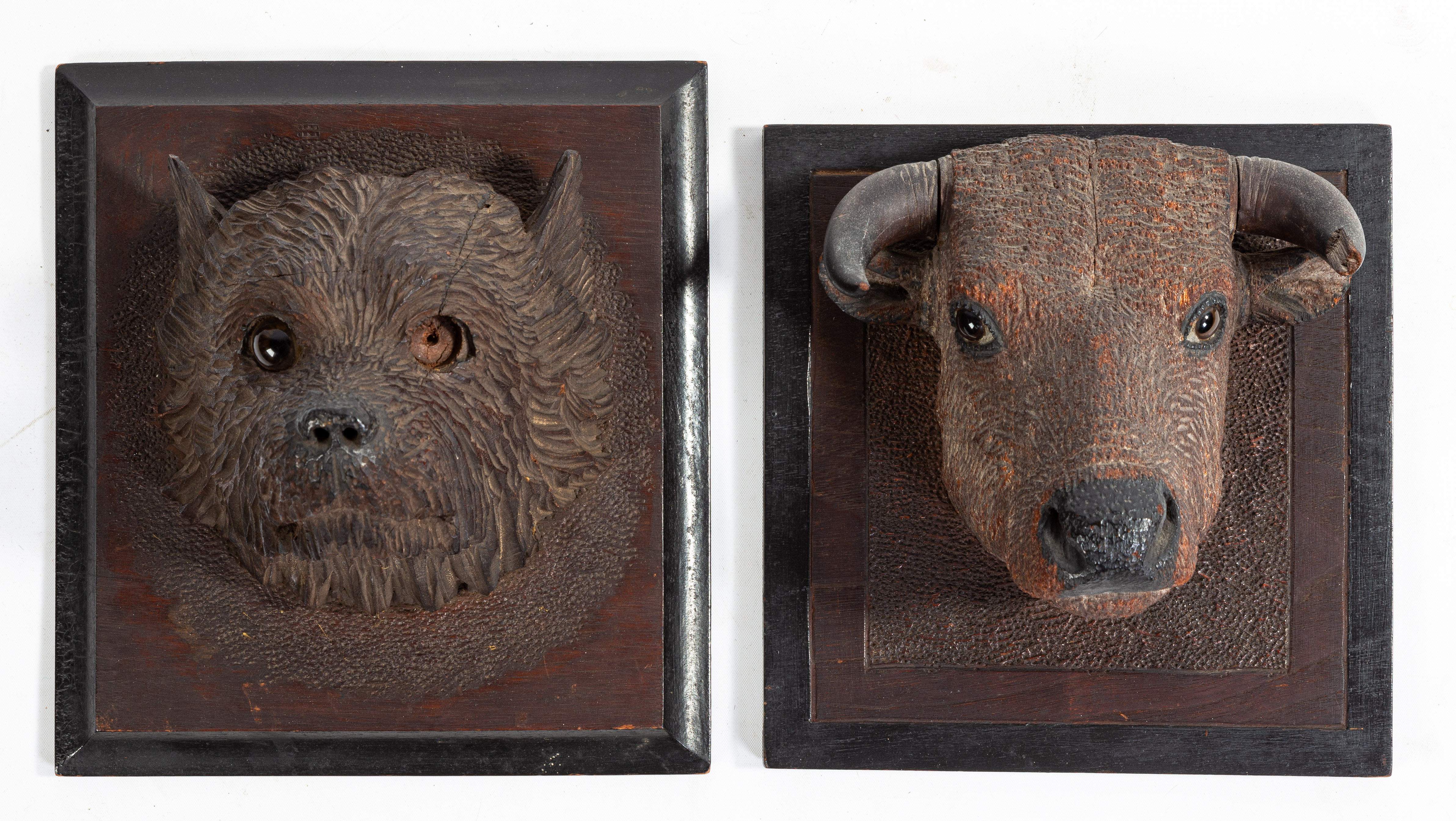 (2) Henry Leach (American, 1809-1885) Folk Carving Cow Head and Wolf ...