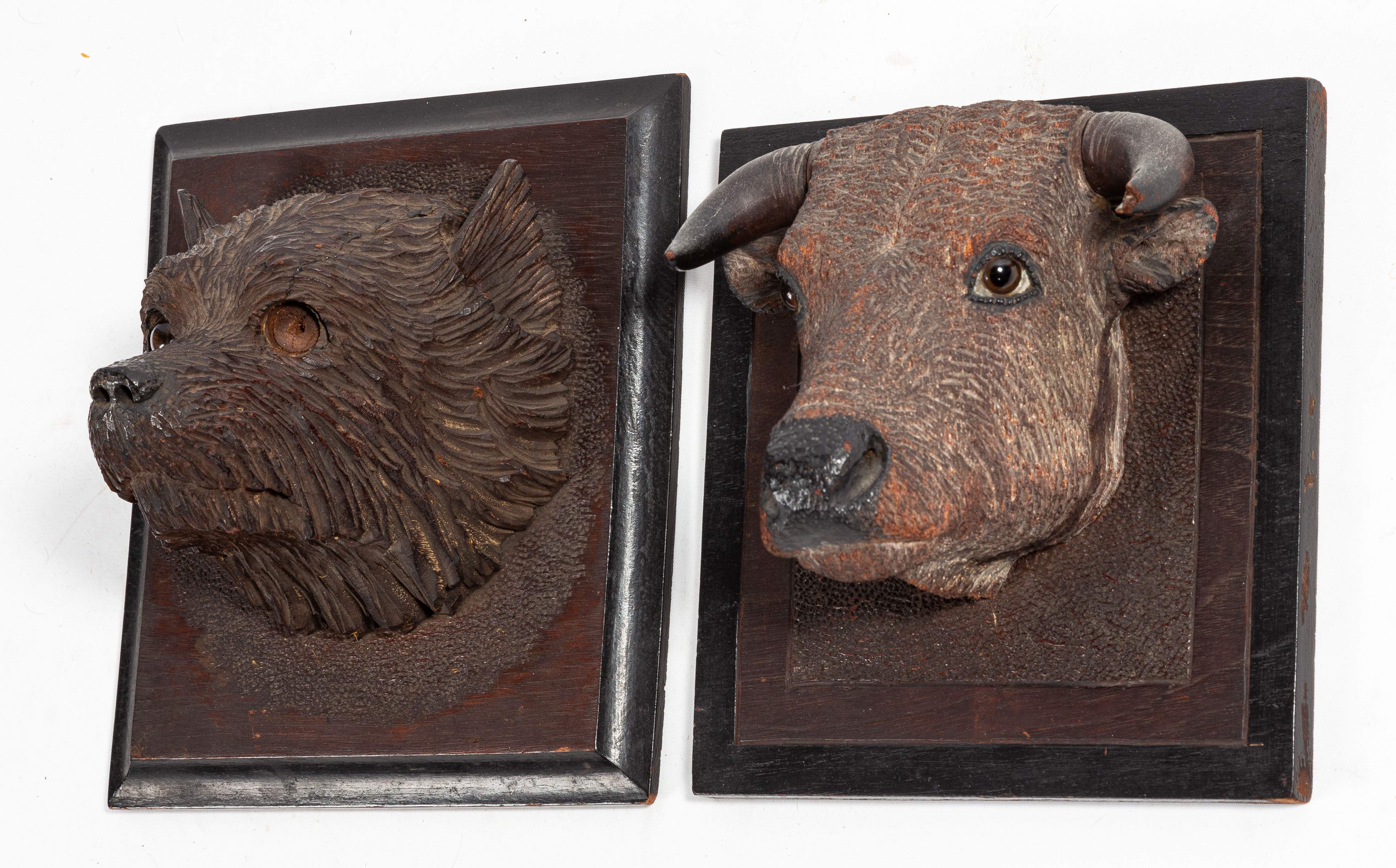 (2) Henry Leach (American, 1809-1885) Folk Carving Cow Head and Wolf ...